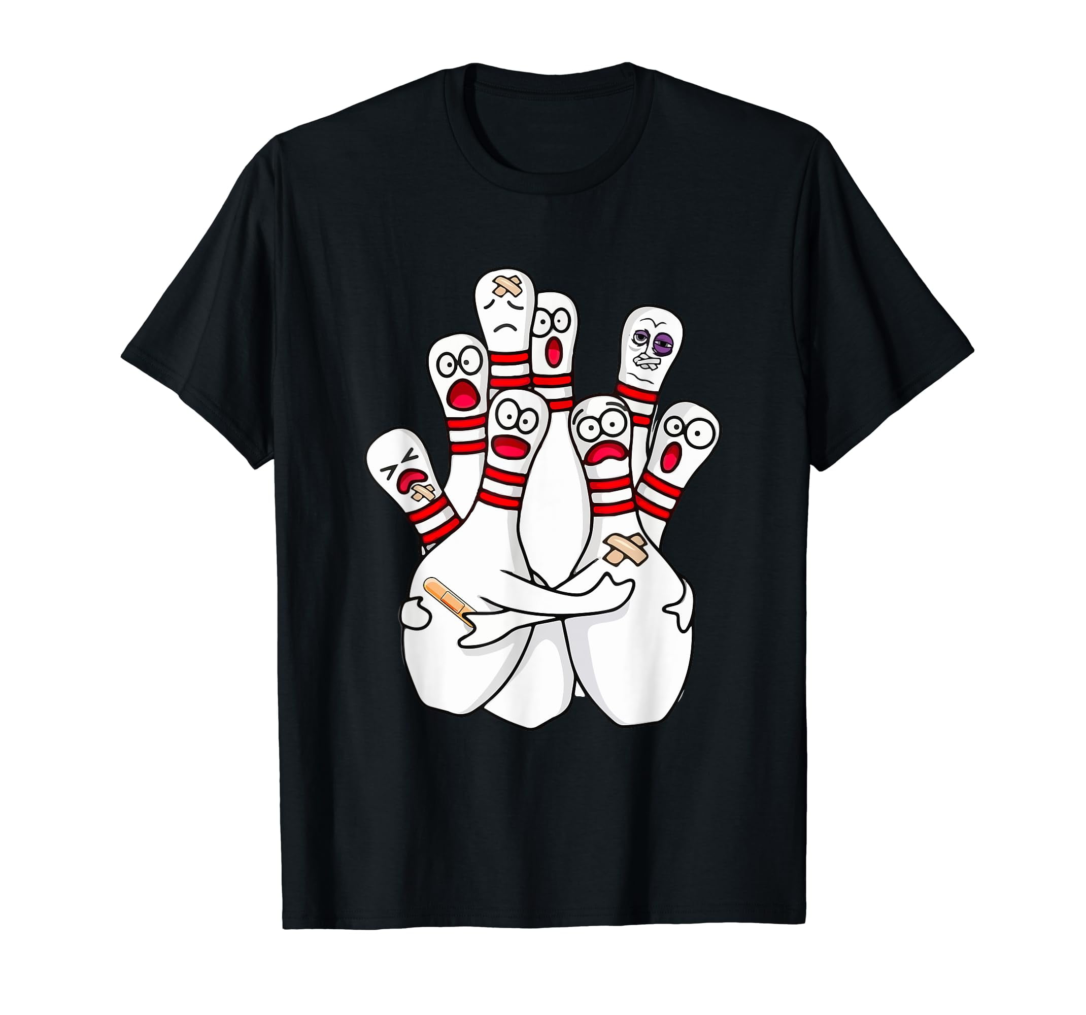 Cartoon Bowling Scared Bowling Pins Funny Sport Bowler Black T-Shirt ...