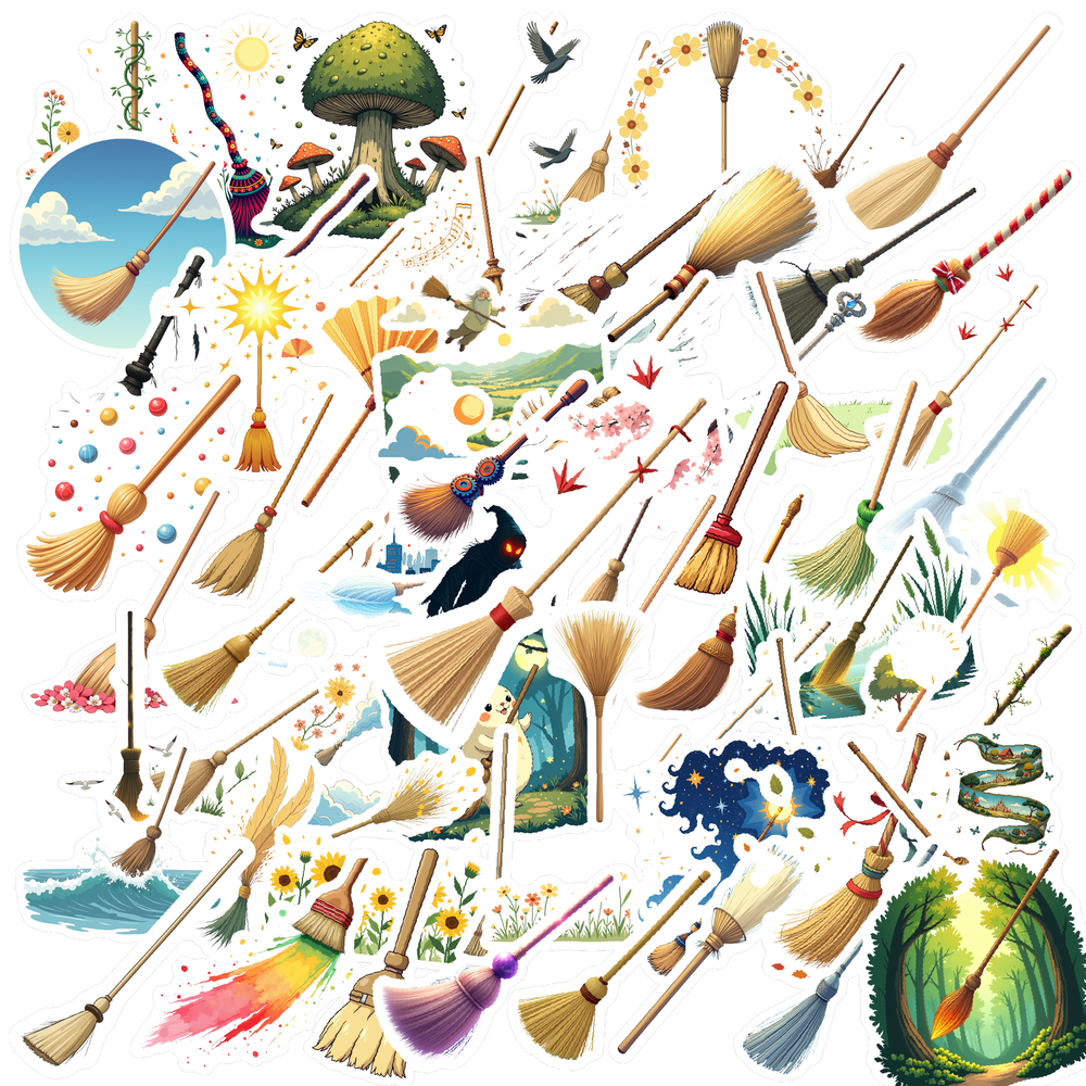 Cartoon Broomstick Theme Stickers, Waterproof Broomstick Theme Sticker ...