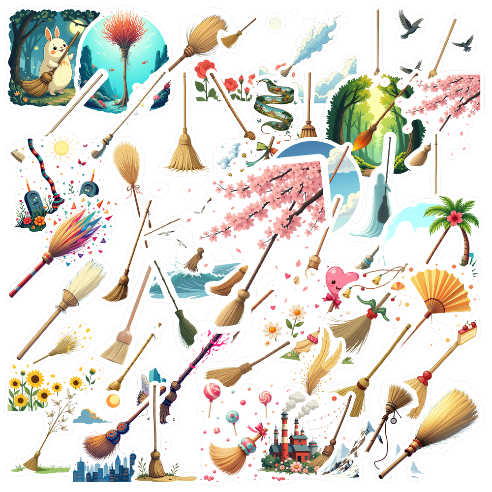 Cartoon Broomstick Theme Stickers, Waterproof Broomstick Theme Sticker ...