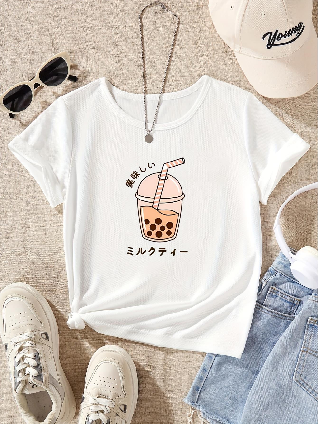 Cartoon Bubble Tea & Japanese Characters Graphic Print Tee, Girls ...
