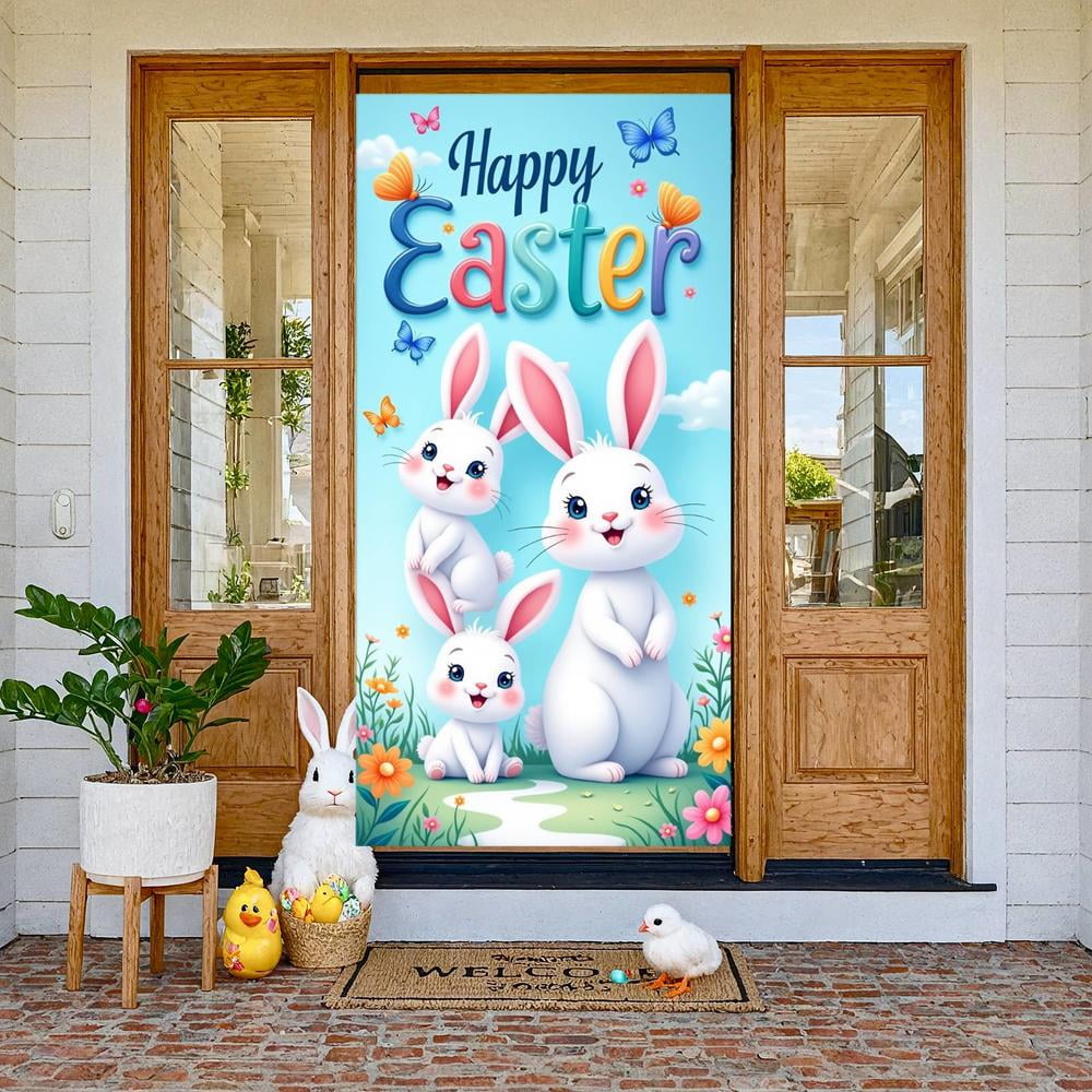 Cartoon Bunny Easter Banner Colorful Letters Bunny Backdrop Butterflies ...