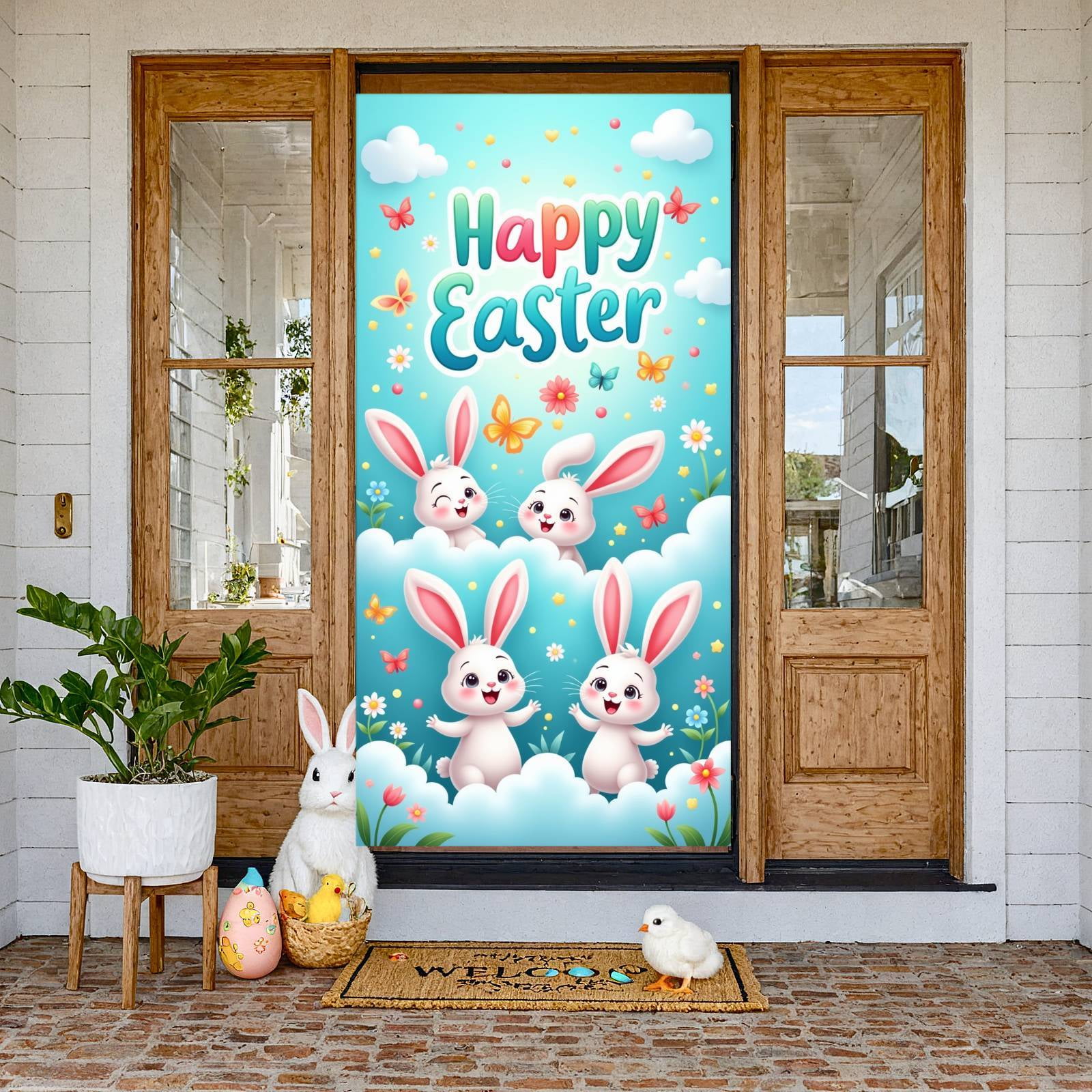 Cartoon Bunny Happy Easter Banner Colorful Butterflies Easter Display ...