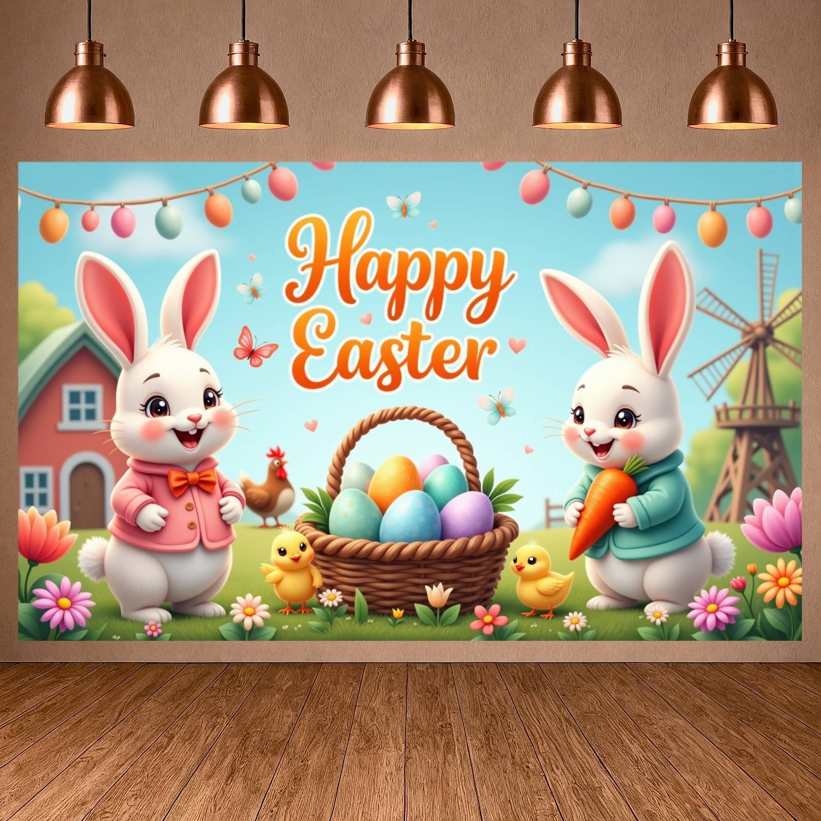 Cartoon Bunny Happy Easter Banner Colorful Eggs Easter Display Spring ...