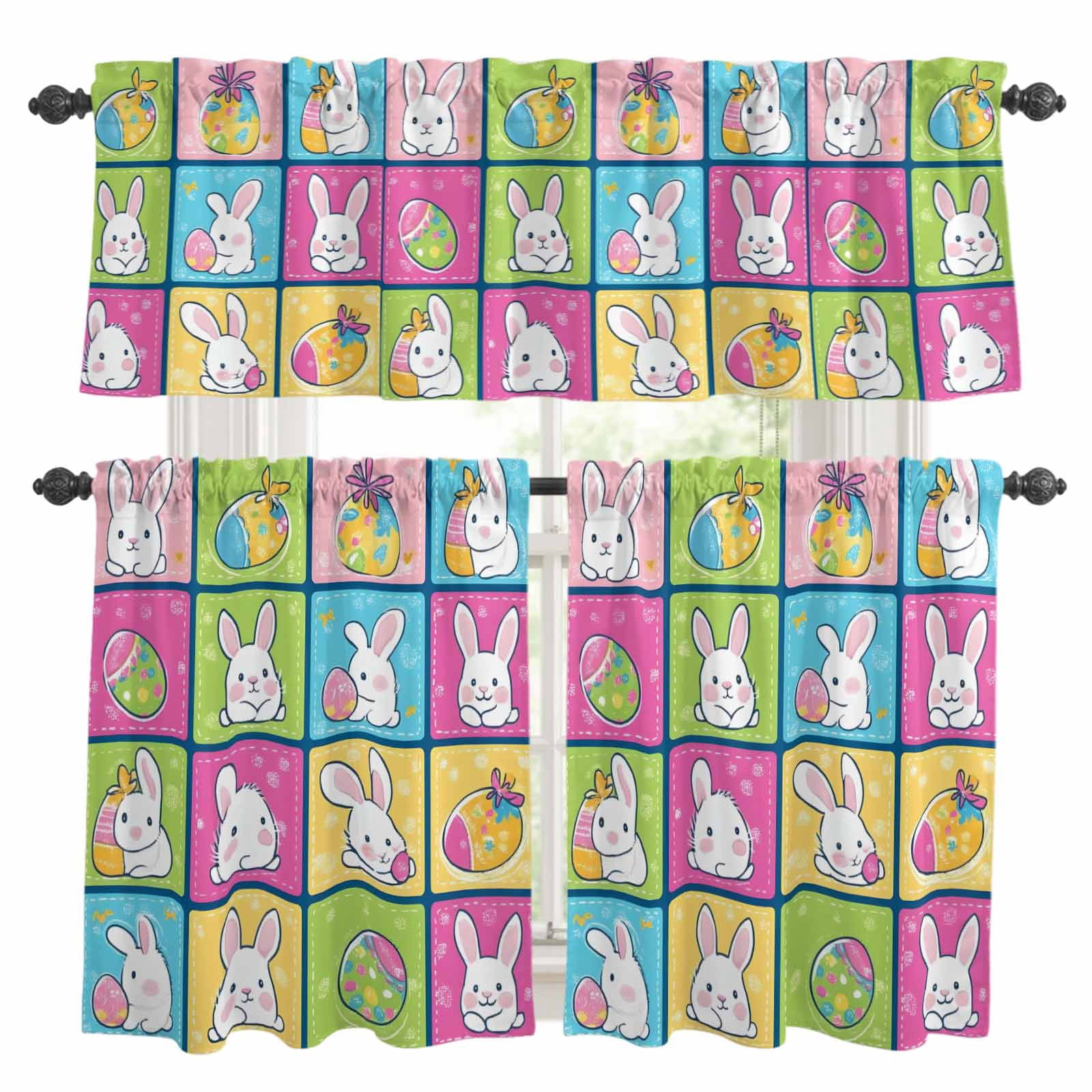 Cartoon Bunny Kitchen Curtains and Valances Set, Easter Rabbit Egg ...