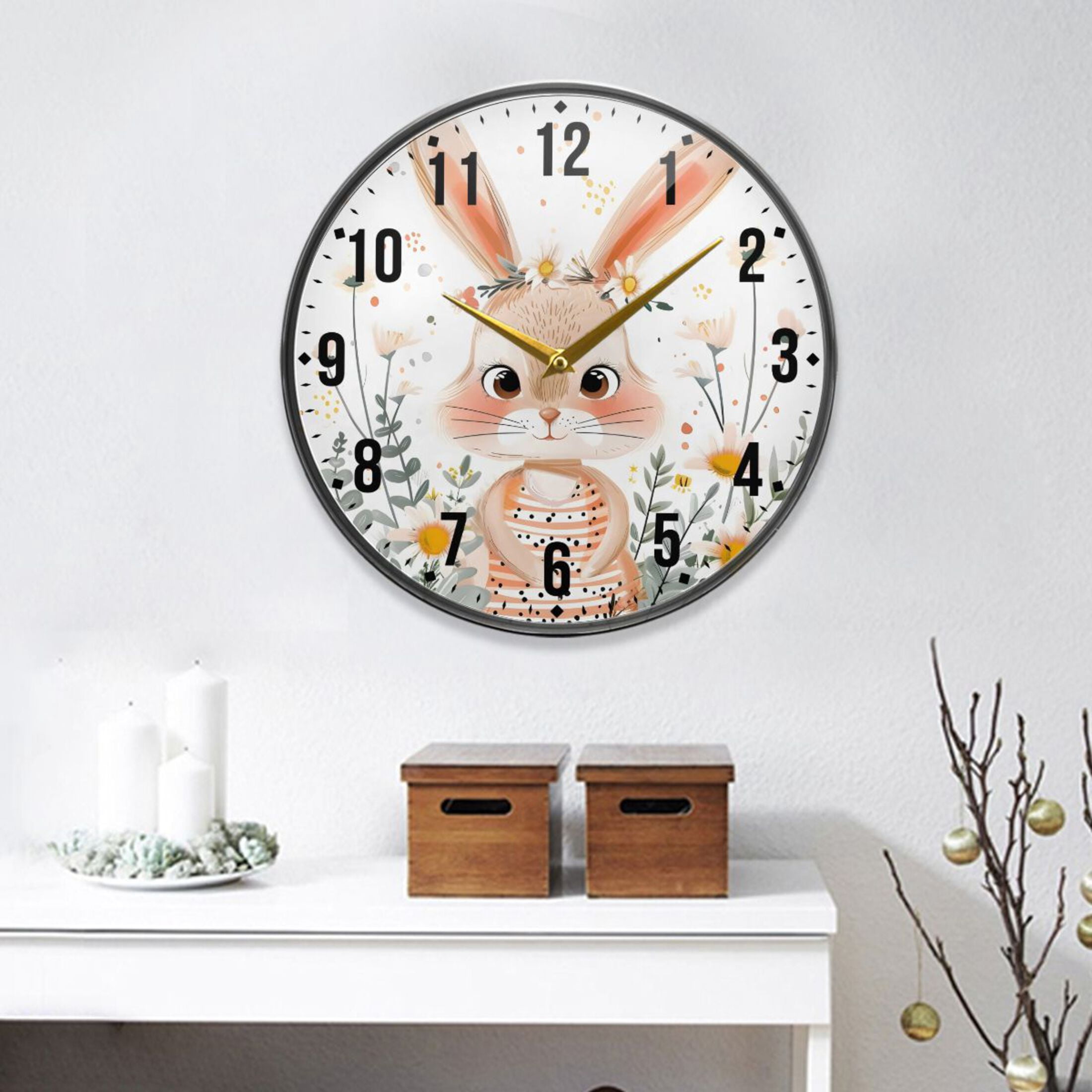 Cartoon Bunny and Daisy Flower Round Wall Clock 9.5 Inch Non-Ticking ...