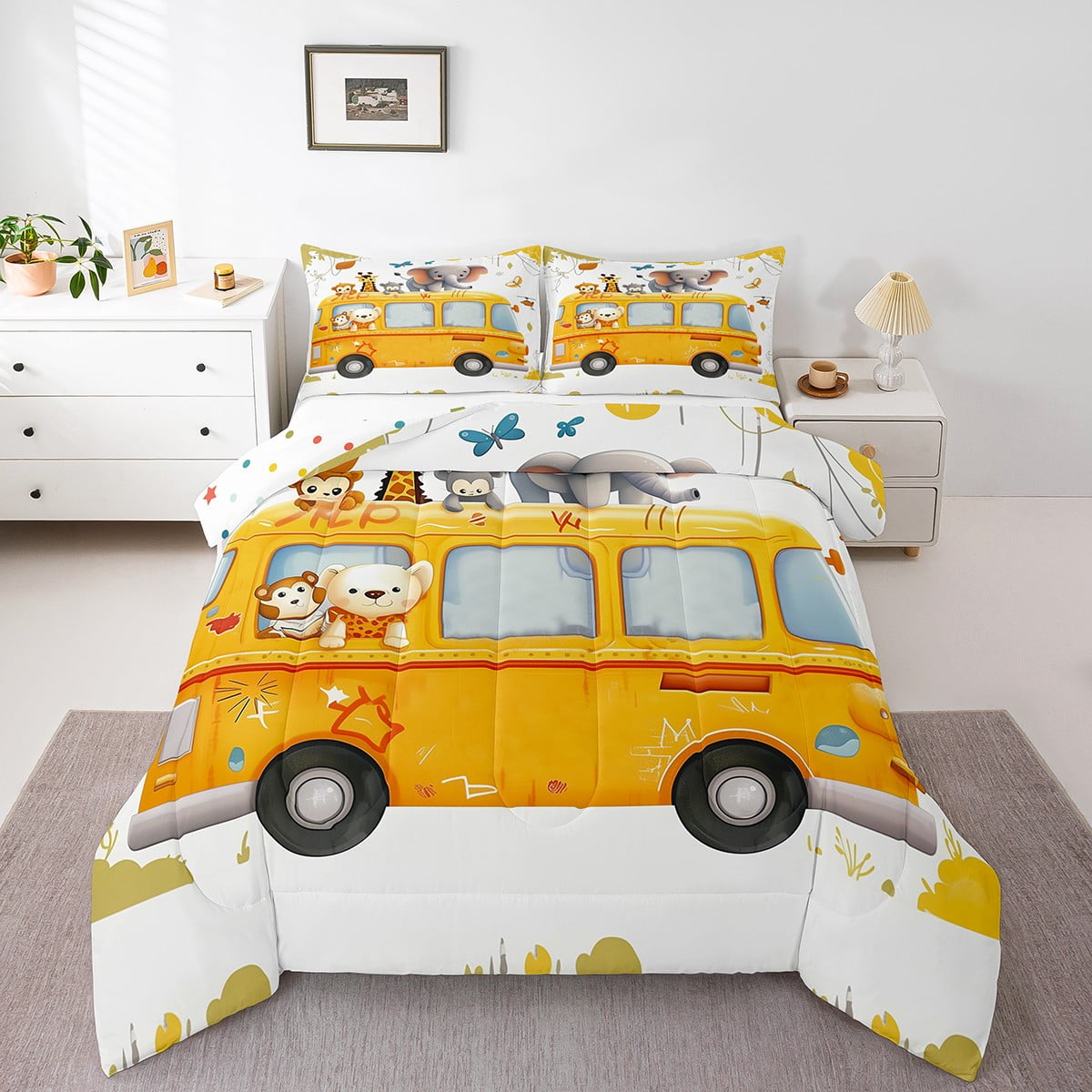 Cartoon Bus Car Bedding Set Full Size Cute Animal Theme Comforter Set ...