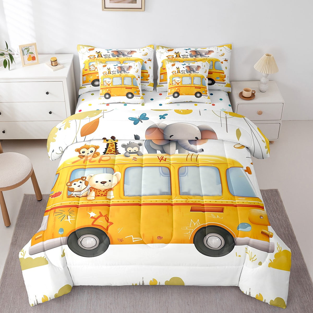 Cartoon Bus Car Comforter Set Queen Size,Cute Animal Theme Bed Set 7pcs ...