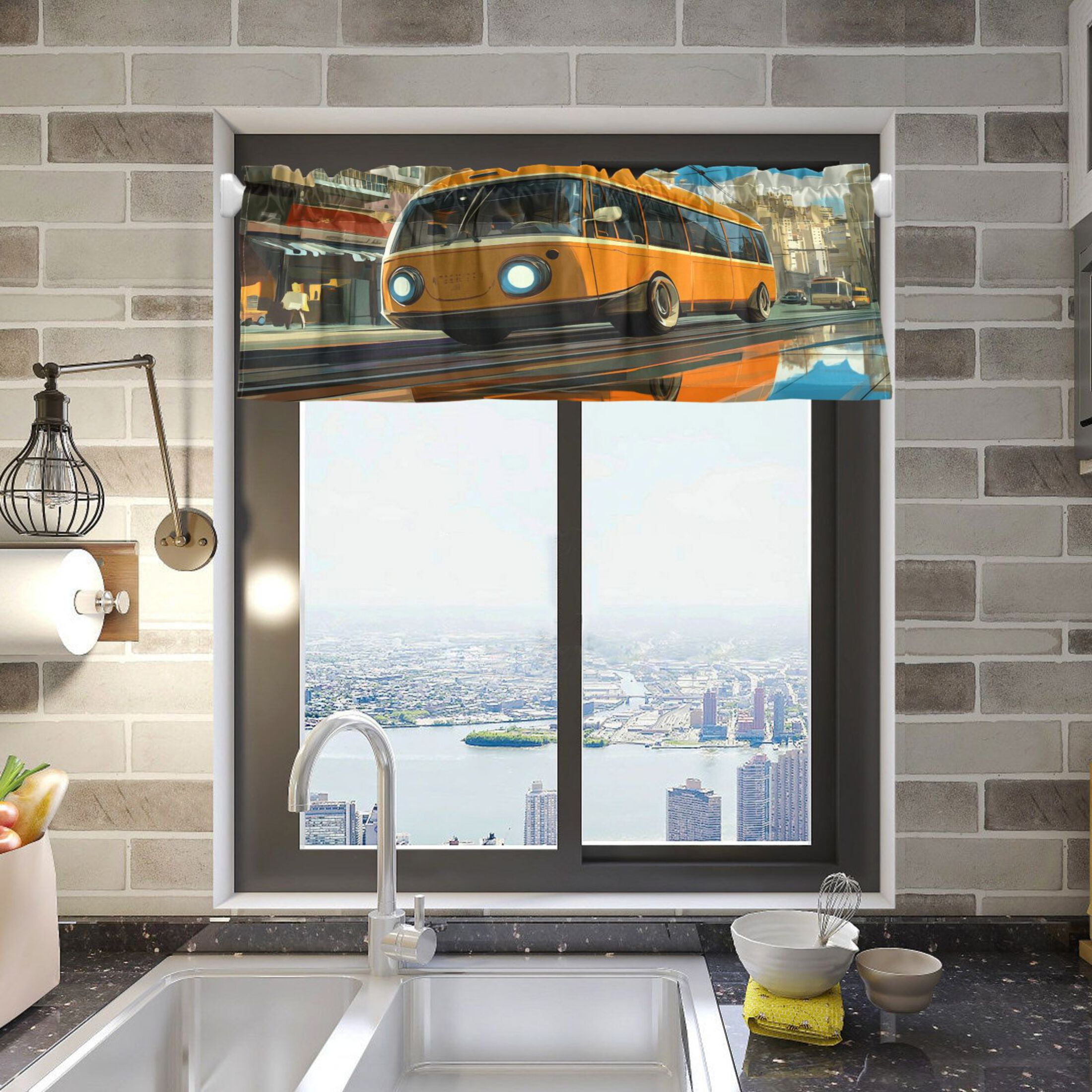 Cartoon Bus on Road Valance Curtains Rod Pocket for Kitchen Living Room ...