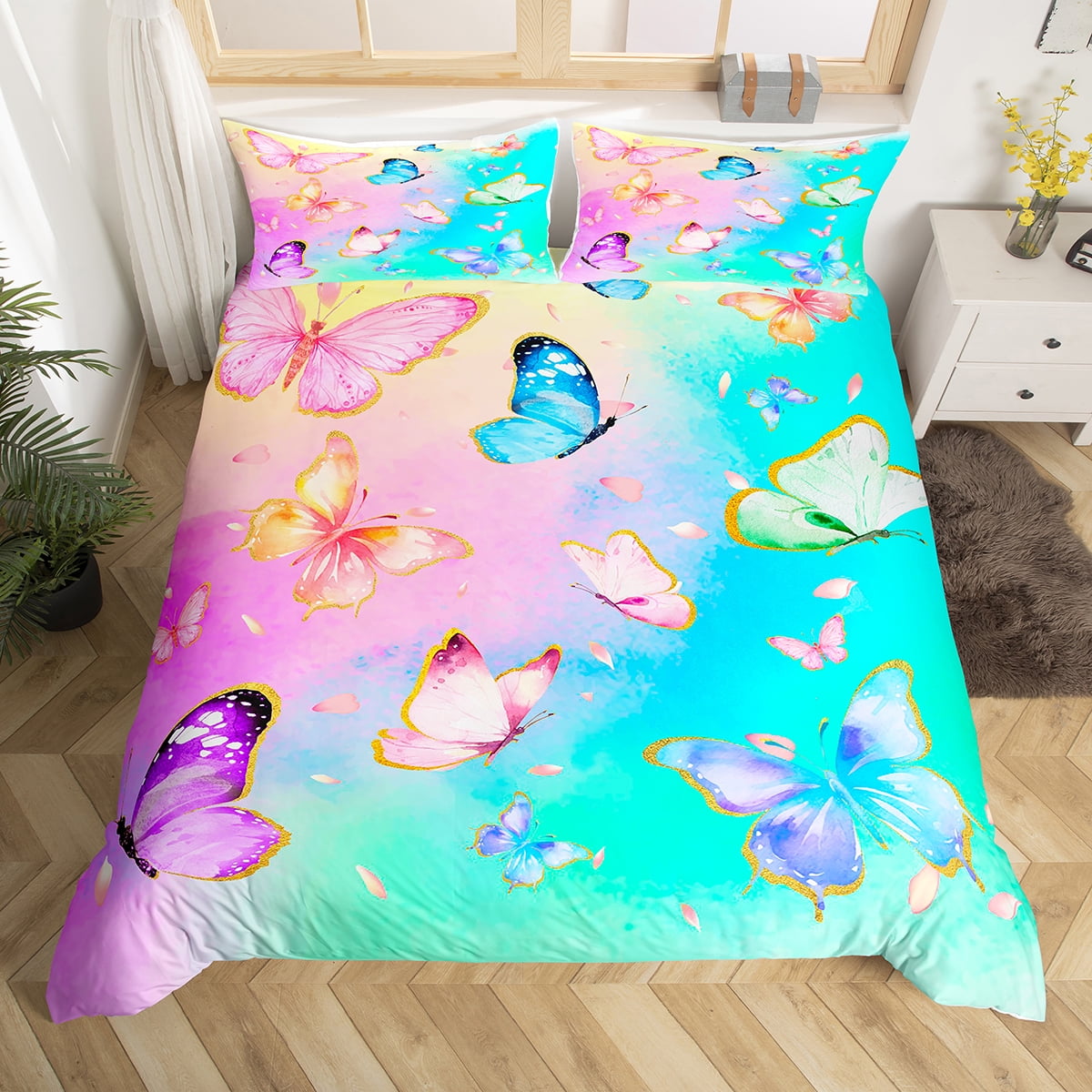 Cartoon Butterfly Duvet Cover Girls Room Decor,Wildlife Animal Pink ...