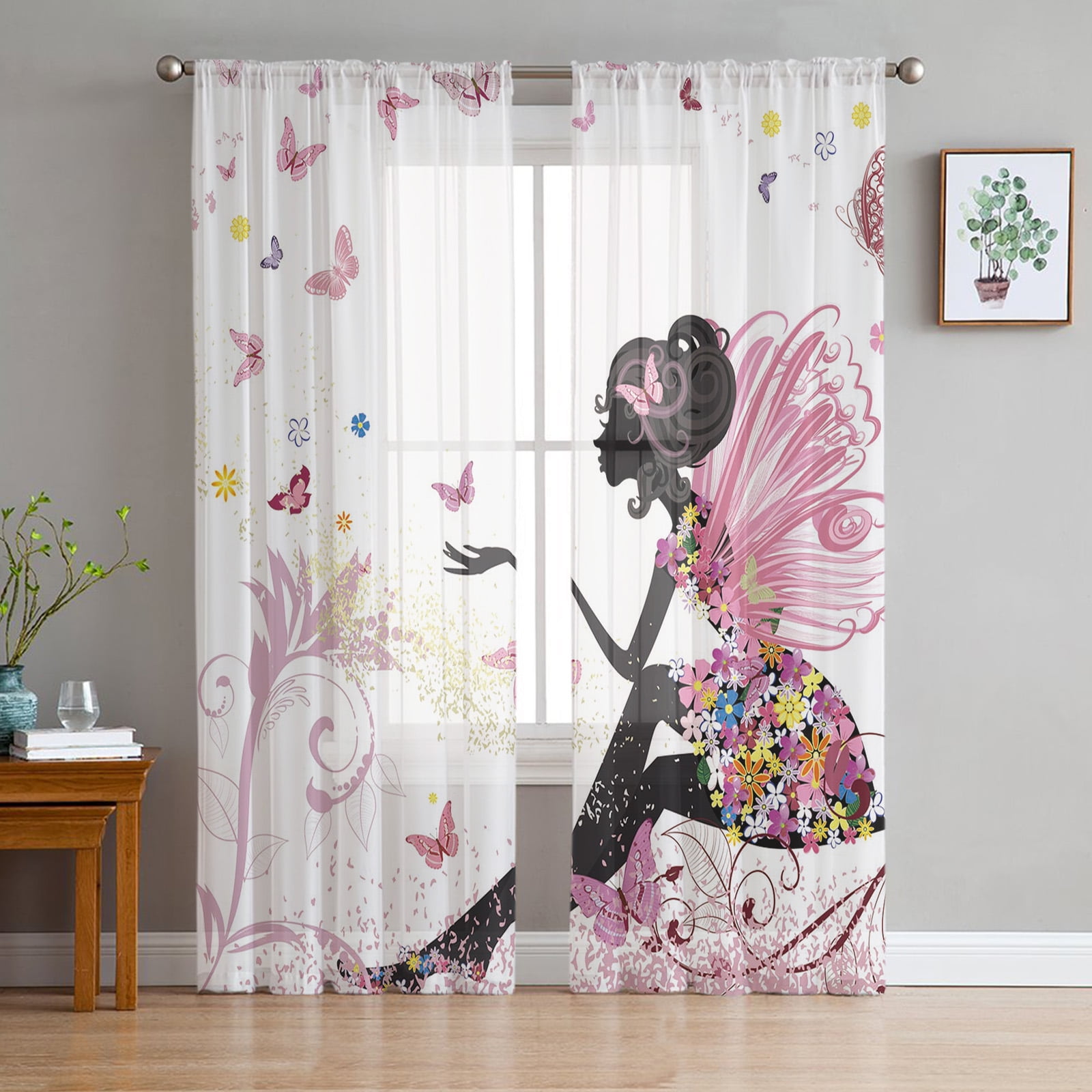 Cartoon Butterfly Fairy Girl Pink White Sheer Curtains for Living Room ...