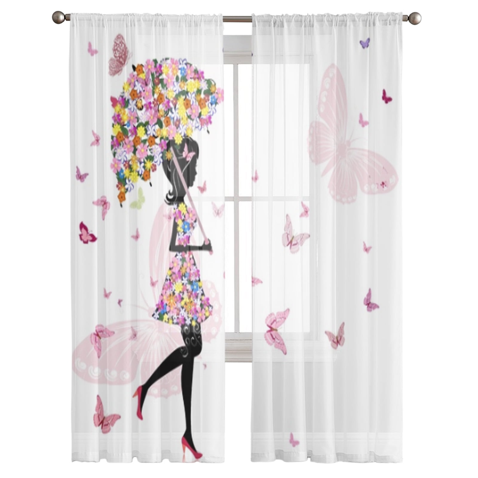 Cartoon Butterfly Fairy Girl Pink White Tulle Curtains for Living Room ...