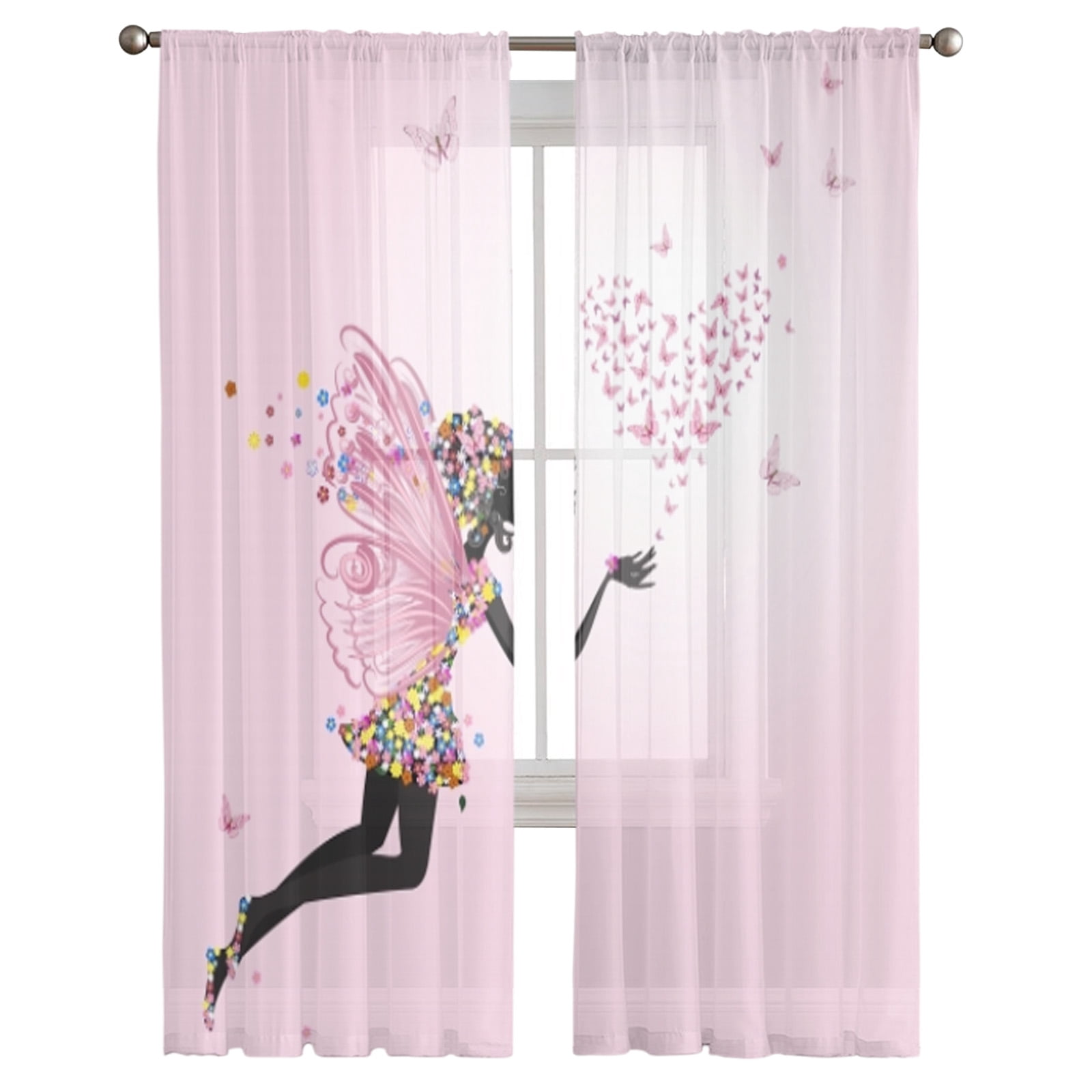 Cartoon Butterfly Fairy Girl Pink White Tulle Curtains for Living Room ...