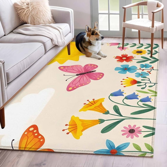 Cartoon Butterfly Flowers Washable Area Rug 2.7x5 Watercolor Sun Yellow ...
