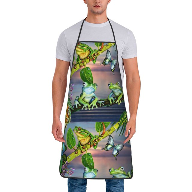 Cartoon Butterfly Frog Green Leaves Aprons for Women Men Waterproof ...
