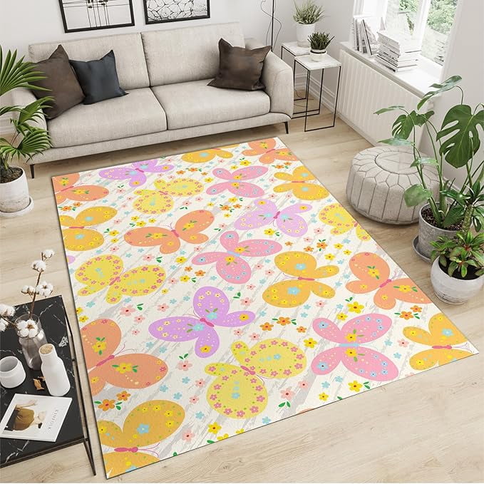 Cartoon Butterfly Print Area Rug, Yellow And Pink Butterfly Pattern ...