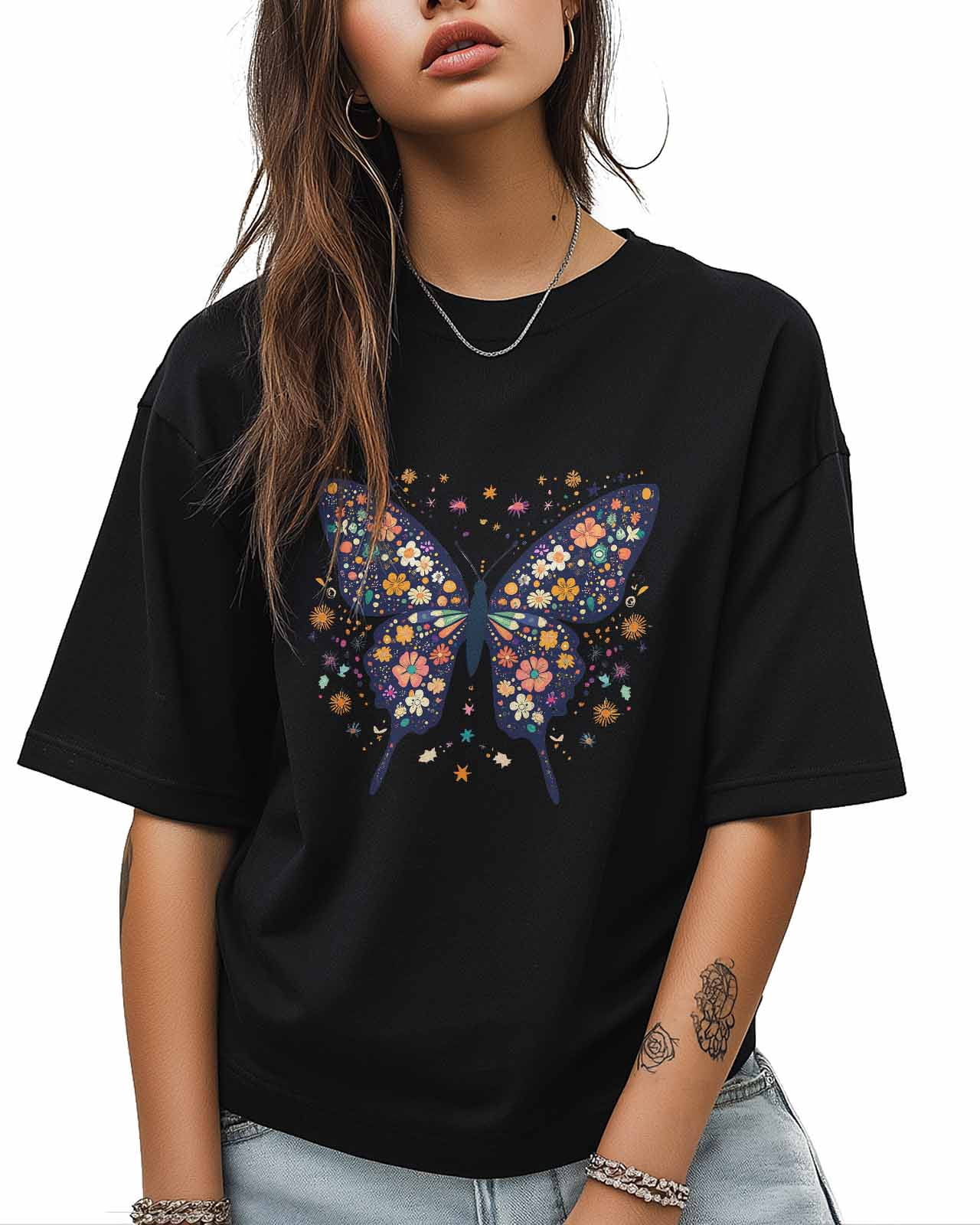 Cartoon Butterfly T Shirts for Women Short Sleeve Cotton Crewneck T ...