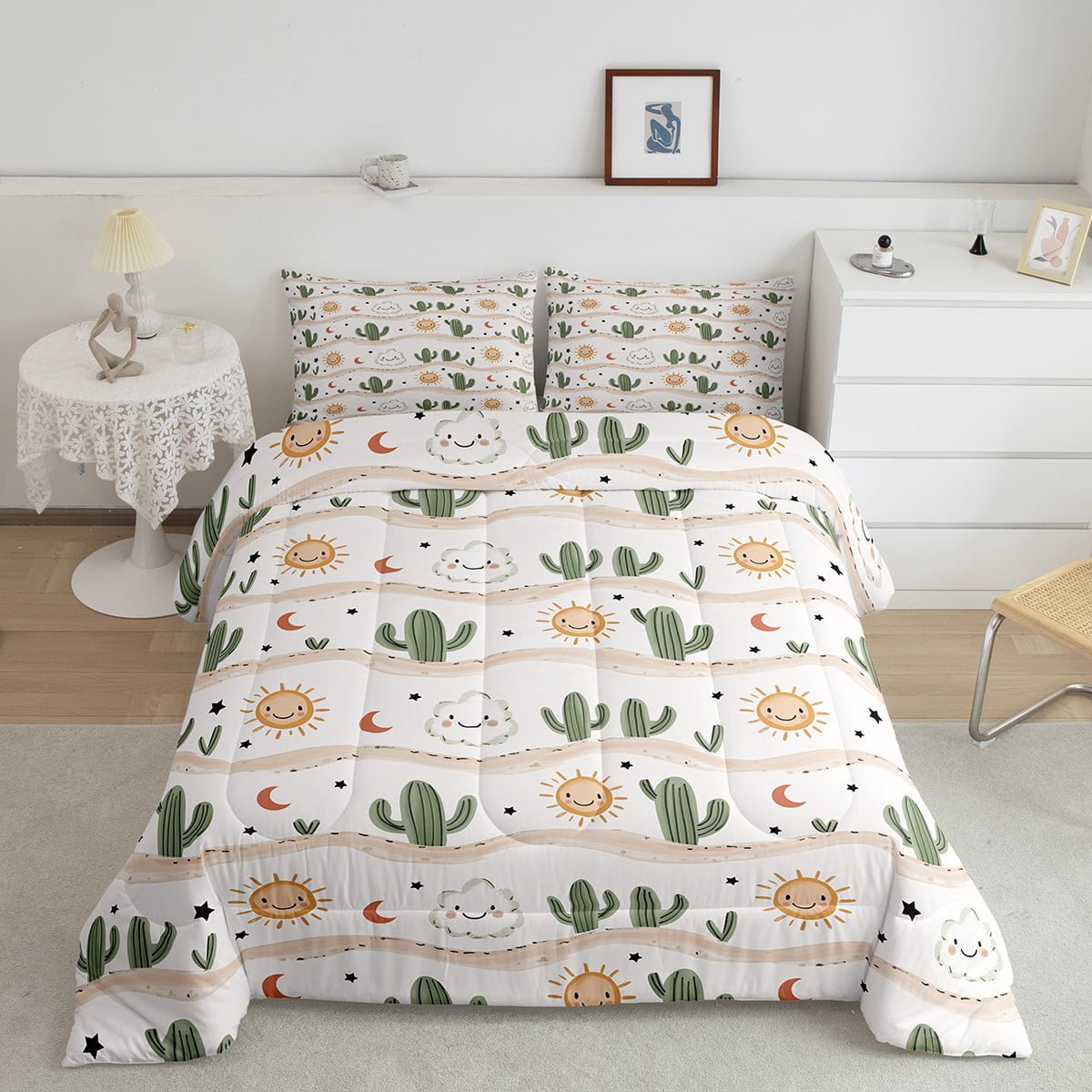 Cartoon Cactus Comforter Set Kawaii Cloud Print Bedding Set Moon Sun ...