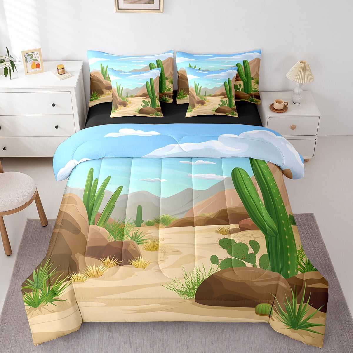 Cartoon Cactus Queen Bedding Sets, Desert Stone Mountains Comforter Set ...