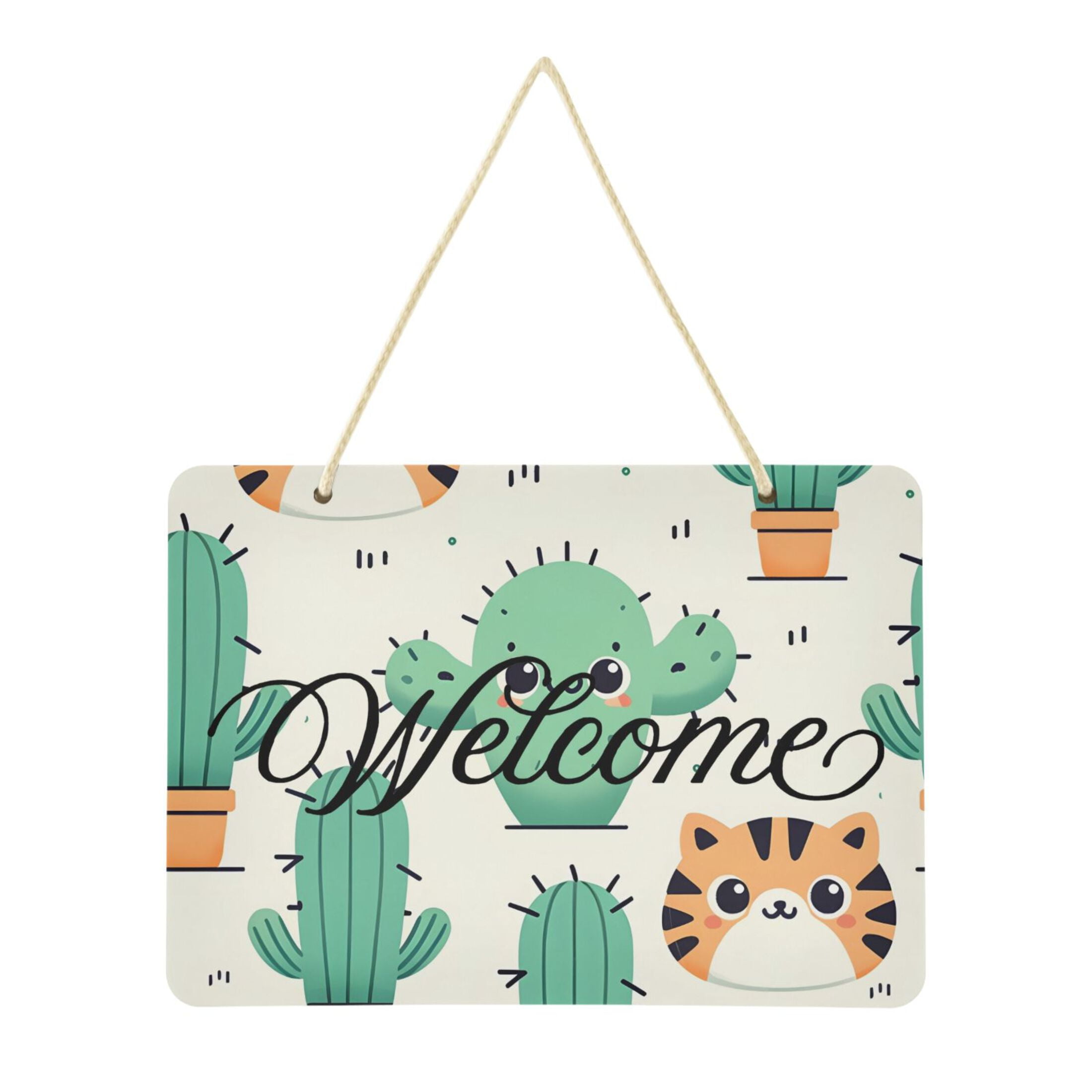 Cartoon Cactus and Tiger Face Welcome Sign Front Door PVC 14x10 inch ...