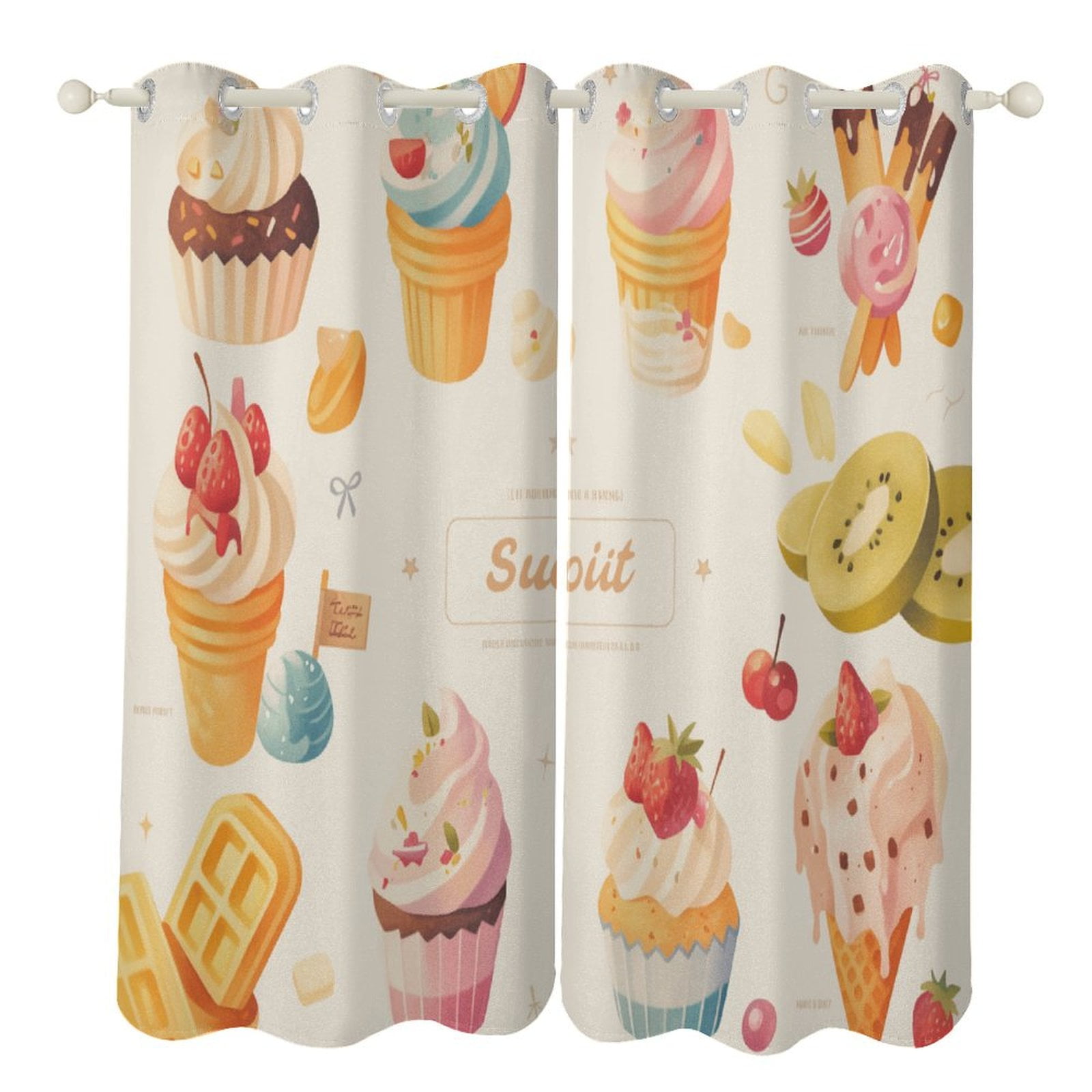 Cartoon Cake 2 Panel Curtain Set, Watercolor Painting Window Treatment ...