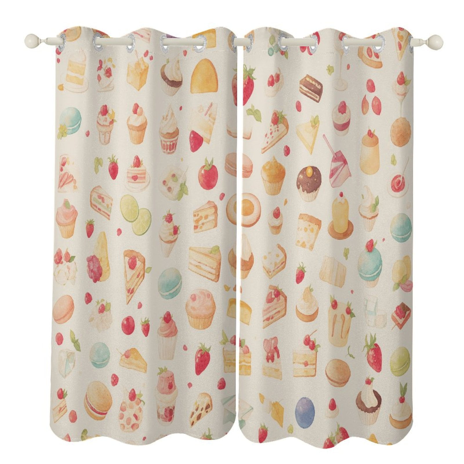 Cartoon Cake 2 Panel Curtain Set, Watercolor Painting Window Treatment ...