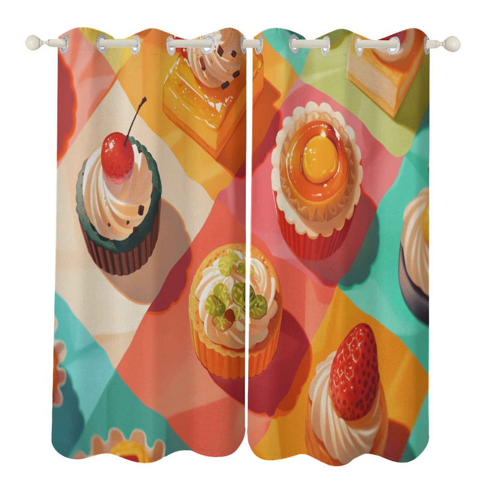 Cartoon Cake 2 Panel Curtain Set, Watercolor Painting Window Treatment ...