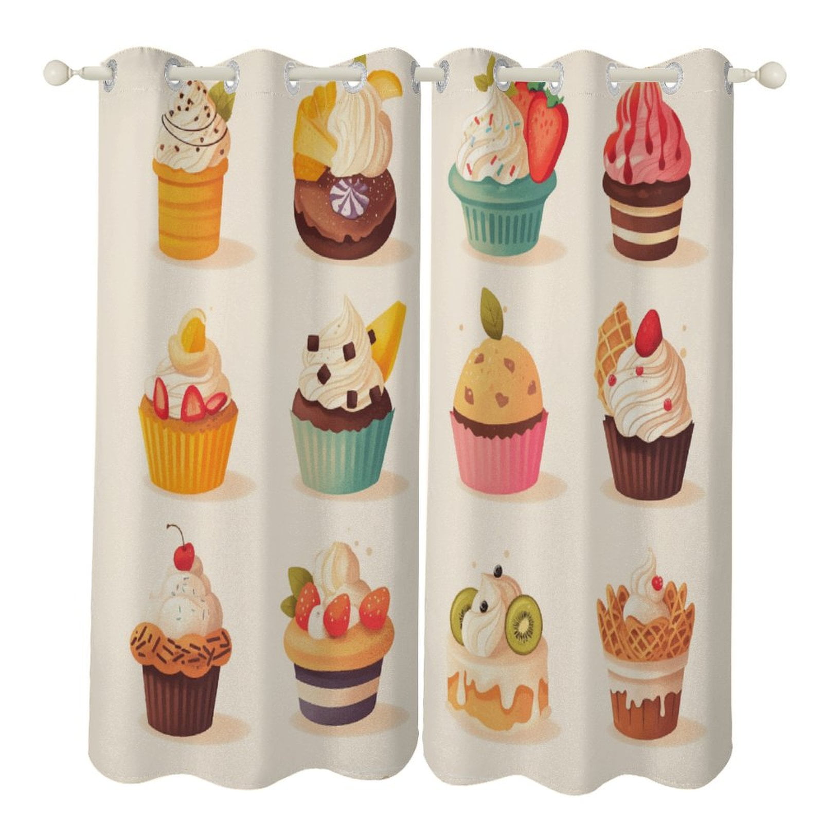 Cartoon Cake 2 Panel Curtain Set, Watercolor Painting Window Treatment ...