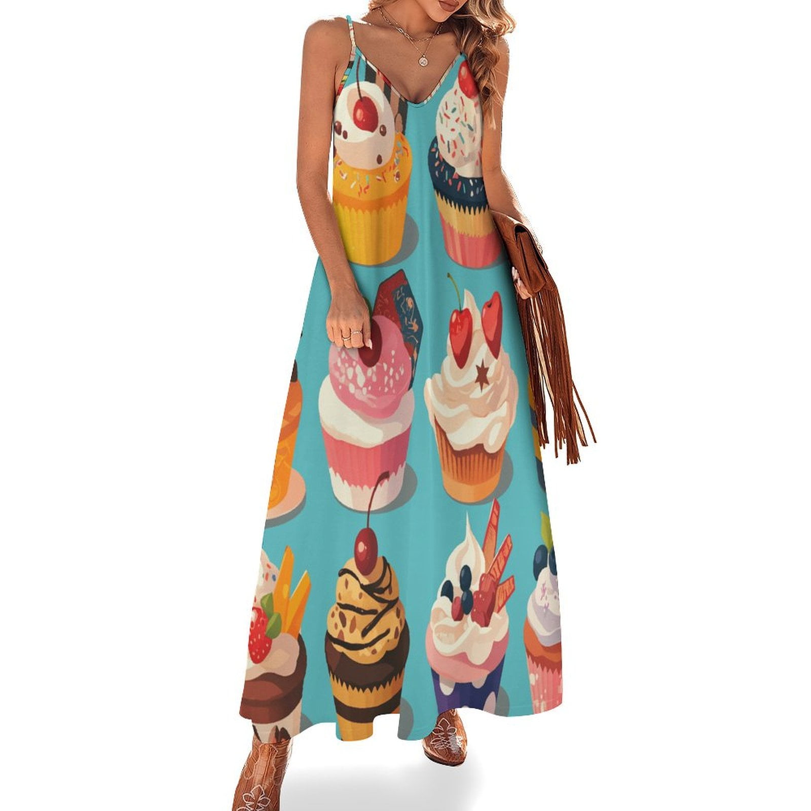 Cartoon Cake Design Sleeveless Dress Woman Fashion Long Dresses Women's Summer Suit Dress 2026 ...