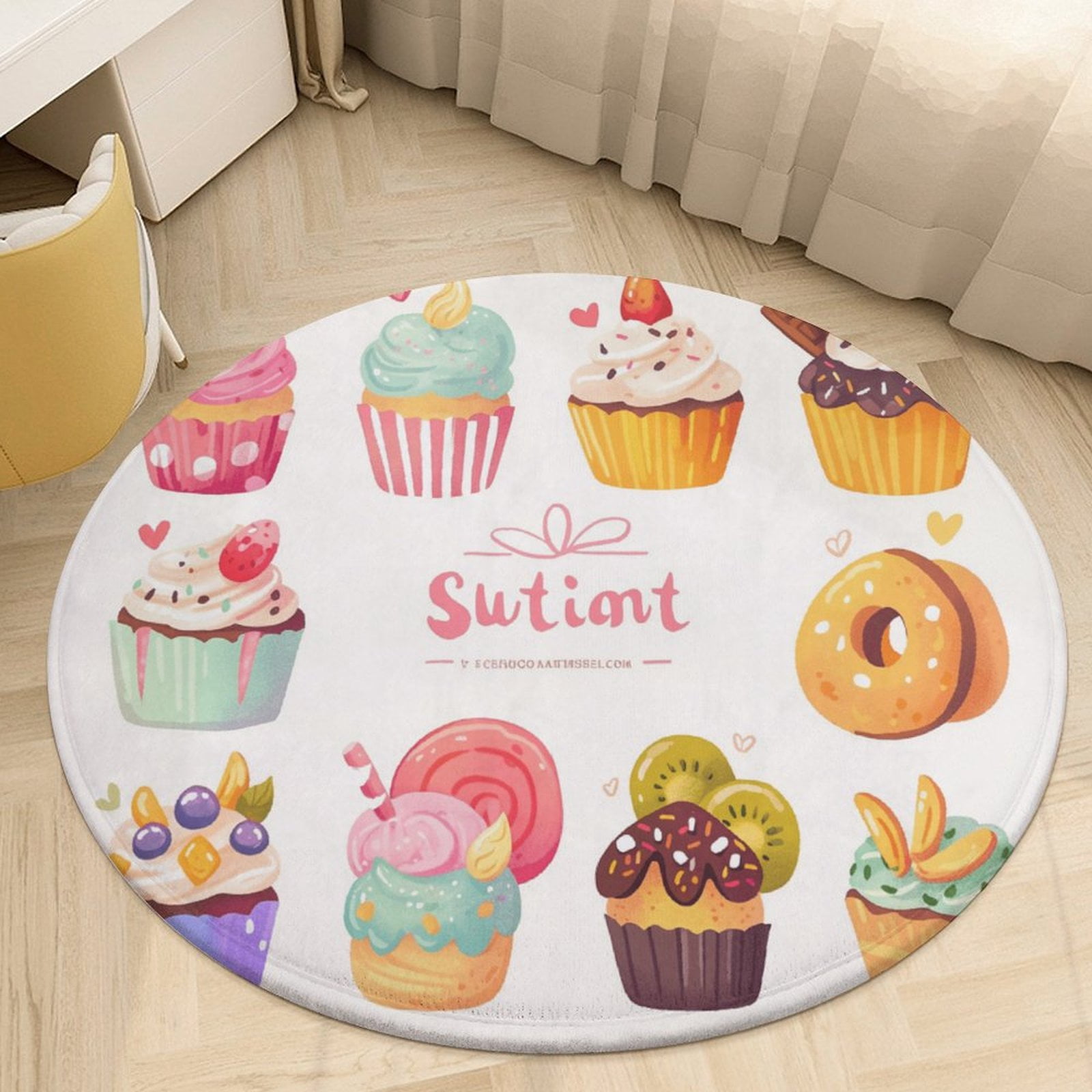 Cartoon Cake Floral Medallion Round Rug - Small Round Area Rug, Soft ...