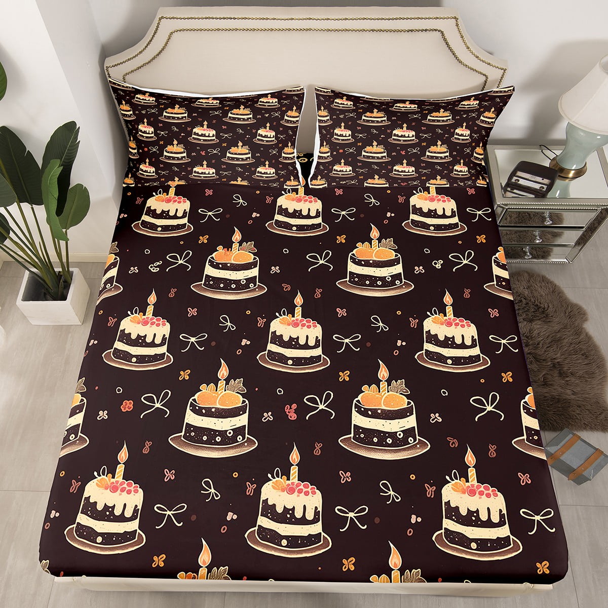 Cartoon Cake Full Size Bed Sheets,Black Bow Decor Fitted Sheet Cake ...