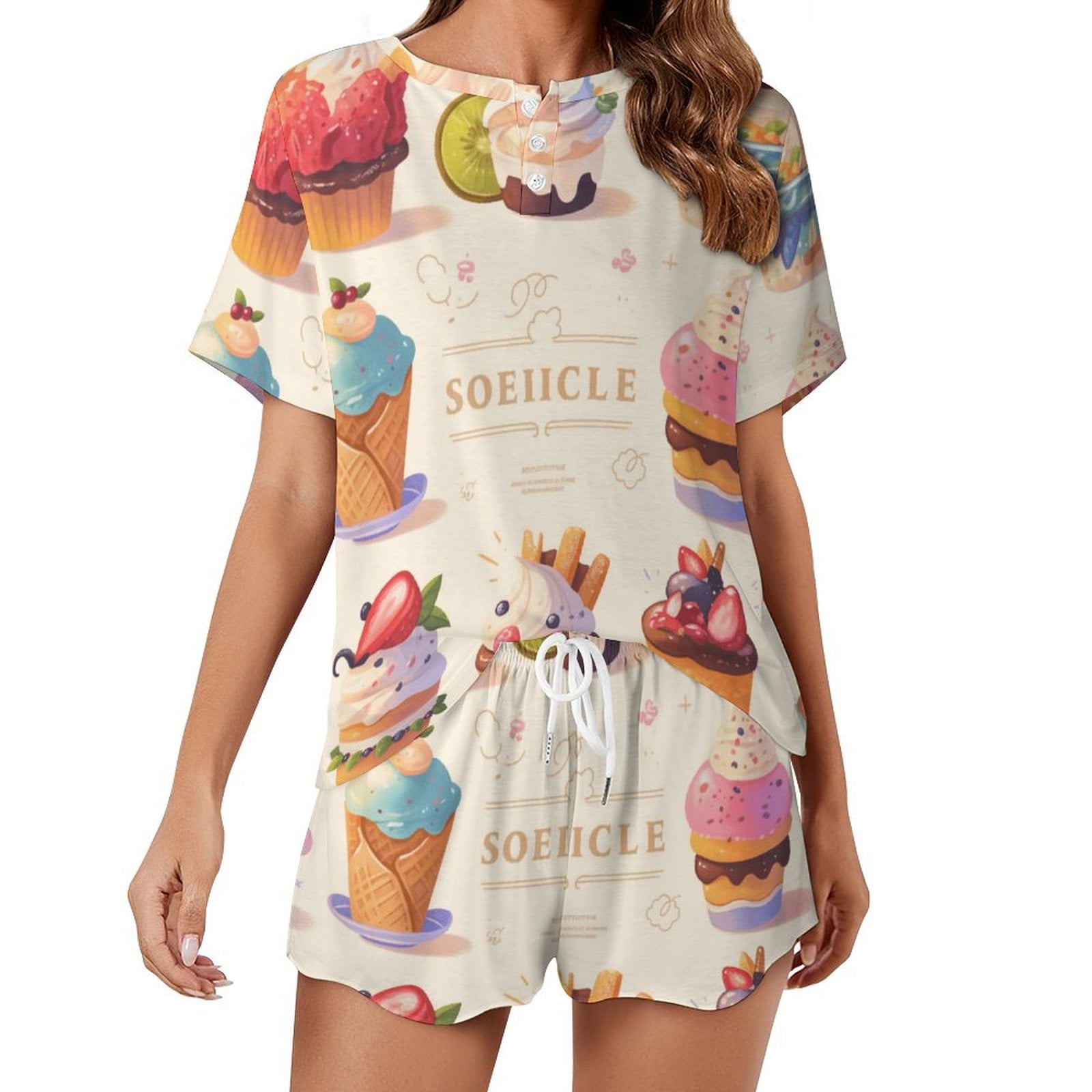 Cartoon Cake Print Women'S Pajamas Set Summer Sleepwear Sets 2 Piece ...