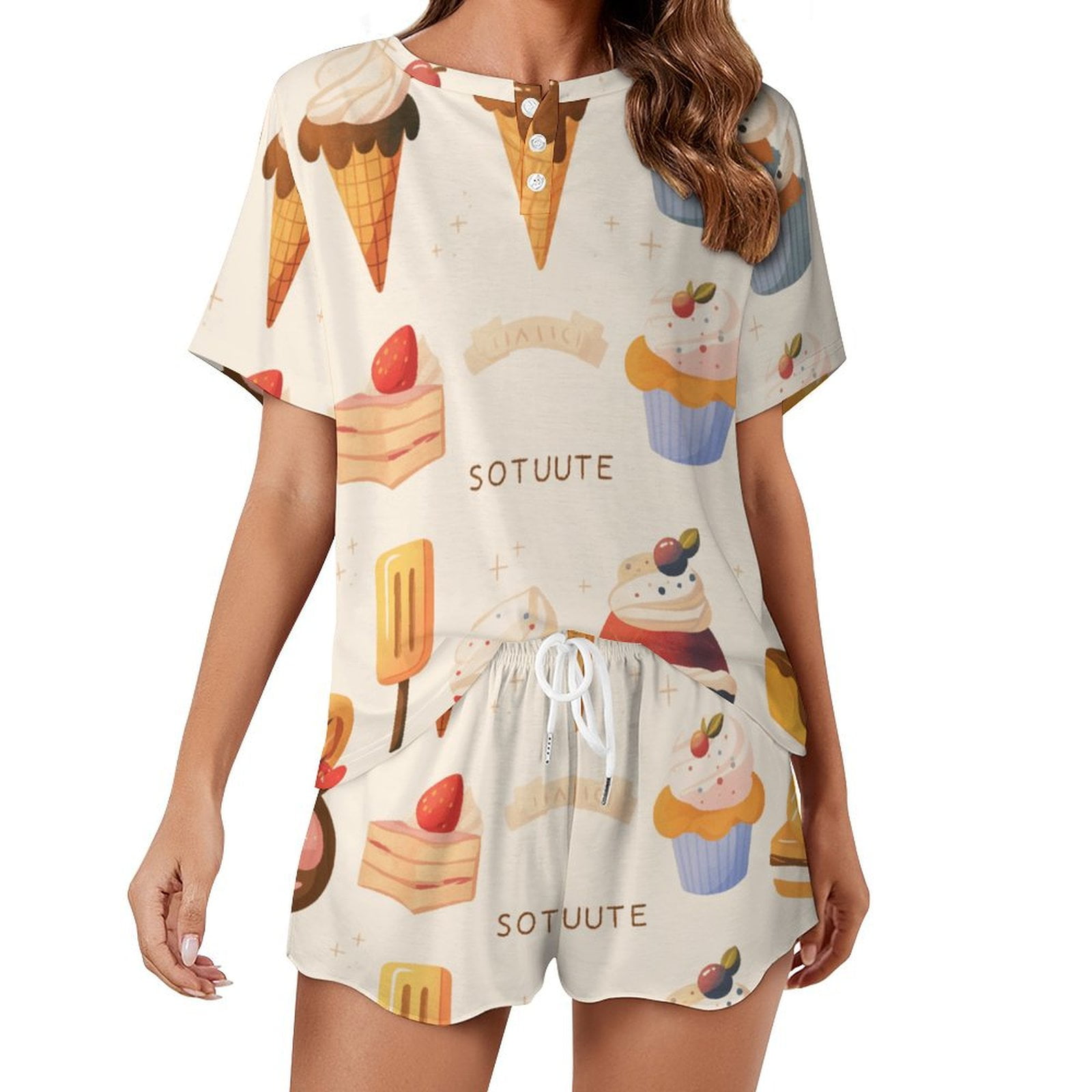Cartoon Cake Print Women'S Pajamas Set Summer Sleepwear Sets 2 Piece ...
