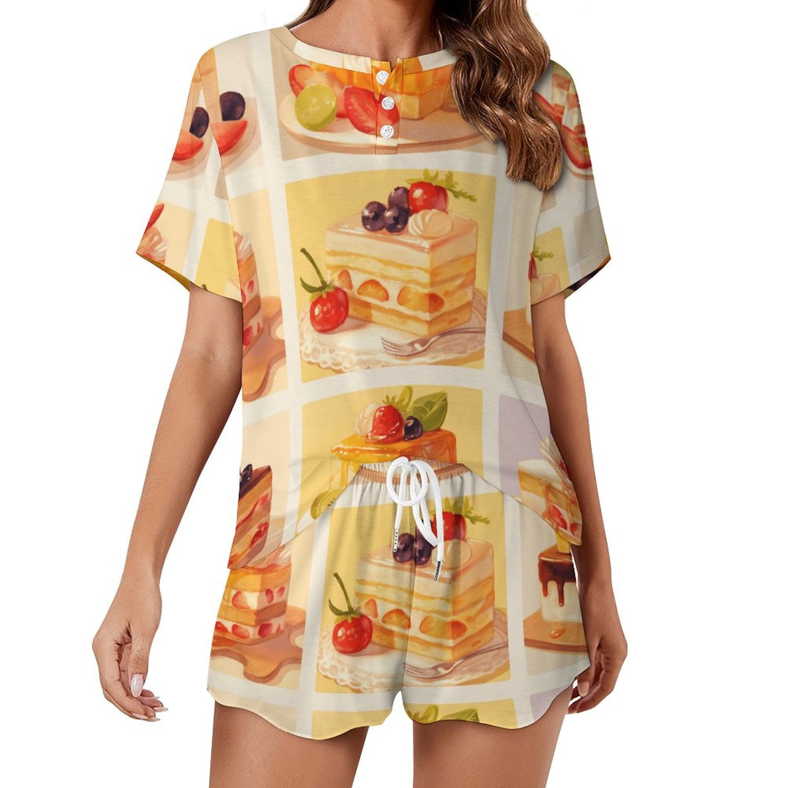 Cartoon Cake Print Women'S Pajamas Set Summer Sleepwear Sets 2 Piece ...