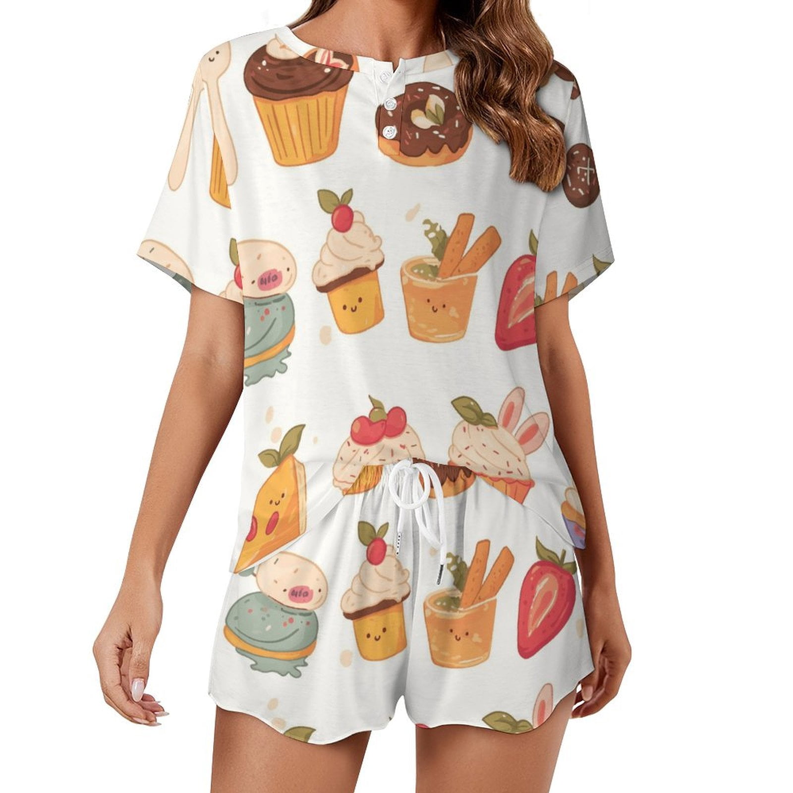 Cartoon Cake Print Women'S Pajamas Set Summer Sleepwear Sets 2 Piece ...