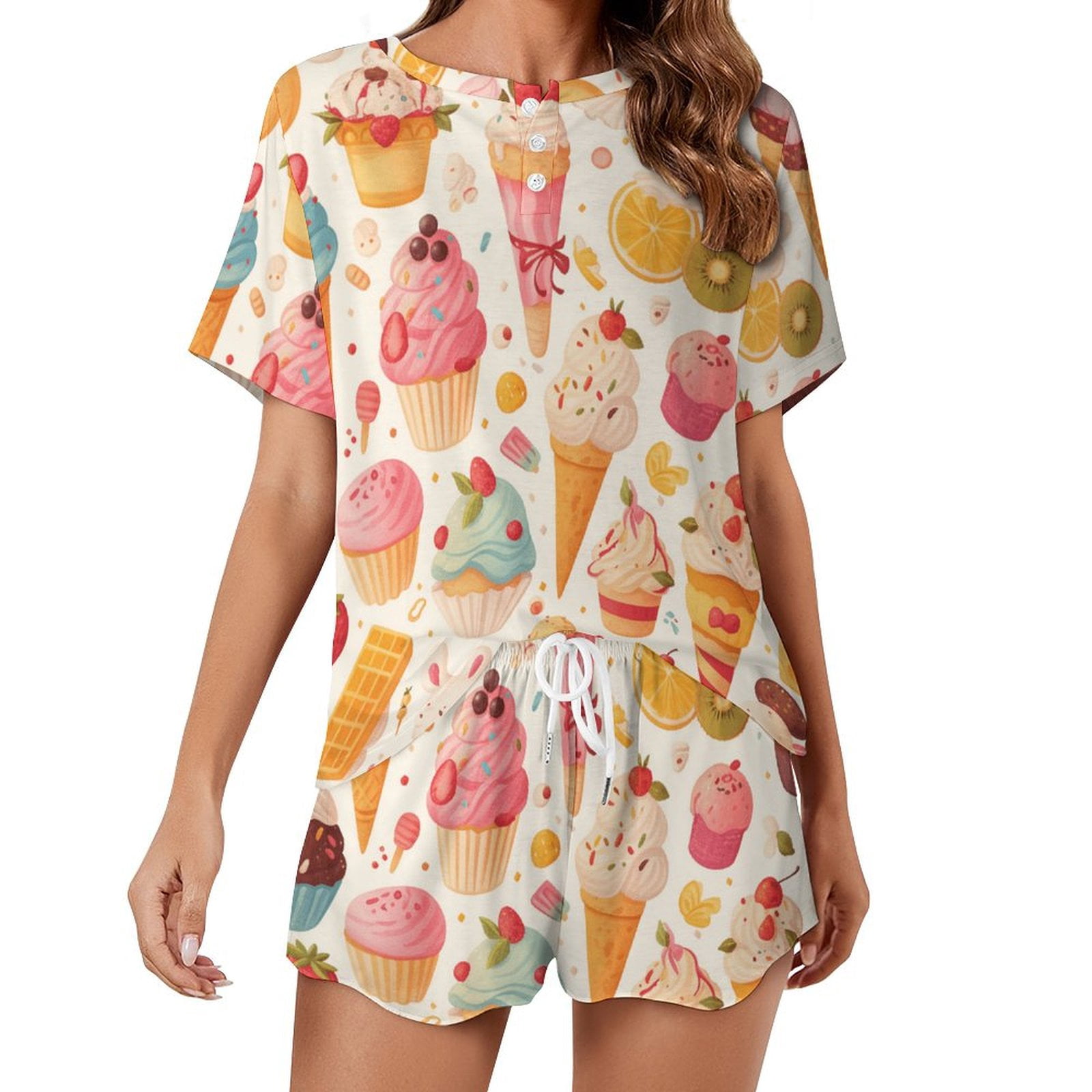 Cartoon Cake Print Women'S Pajamas Set Summer Sleepwear Sets 2 Piece ...