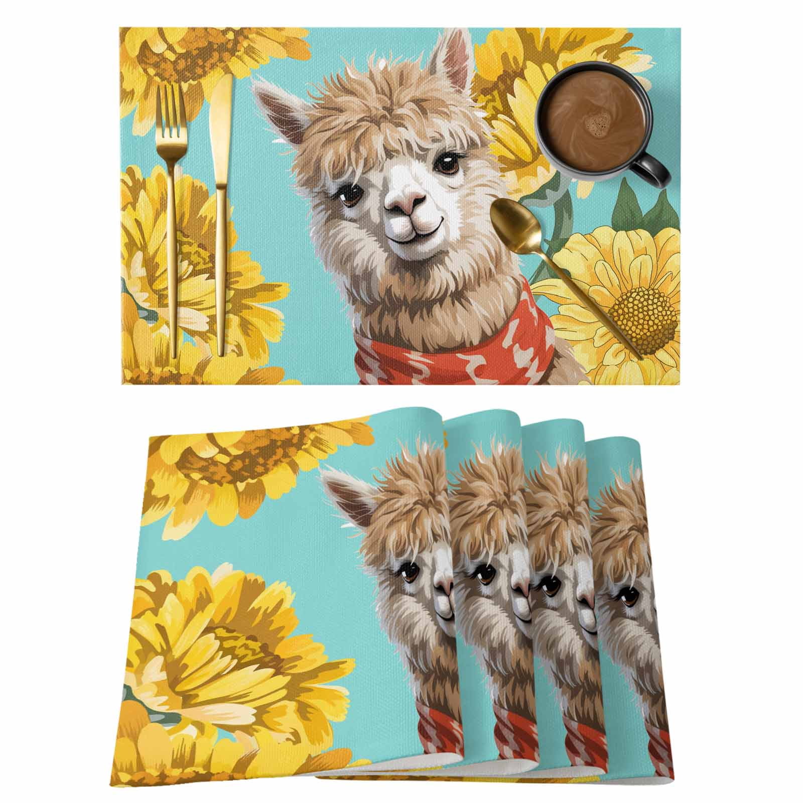 Cartoon Camels Placemats Set of 4, Vintage Yellow Dasiy Flowers Teal ...