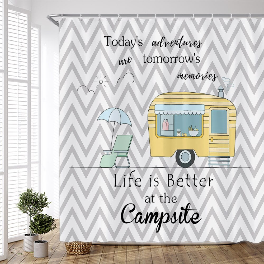 Cartoon Camper Shower Curtain Tree Camping Travel Bus Gray Wave Pattern ...