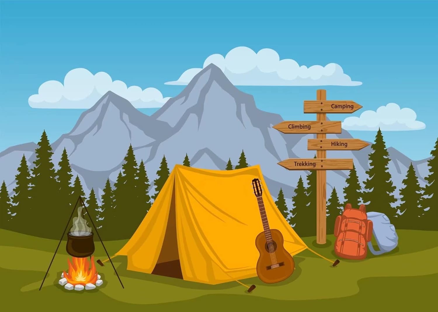 Cartoon Camping Backdrop Forest and Mountain Scenery Outdoor Campfire ...