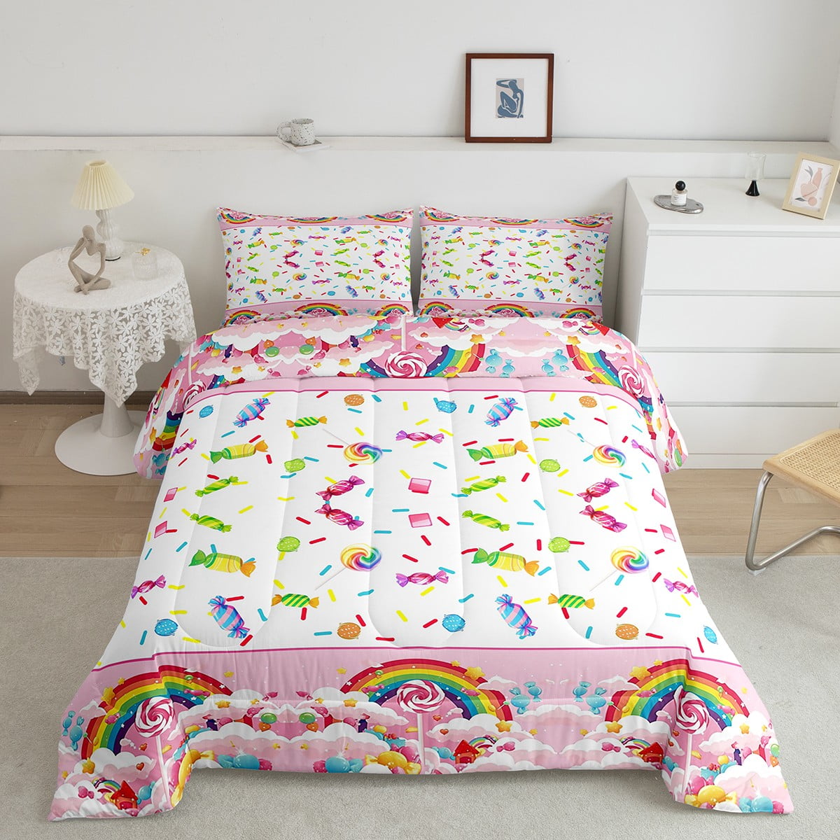 Cartoon Candy Comforter Set Queen Size,Rainbow Cloud Dessert Girly ...