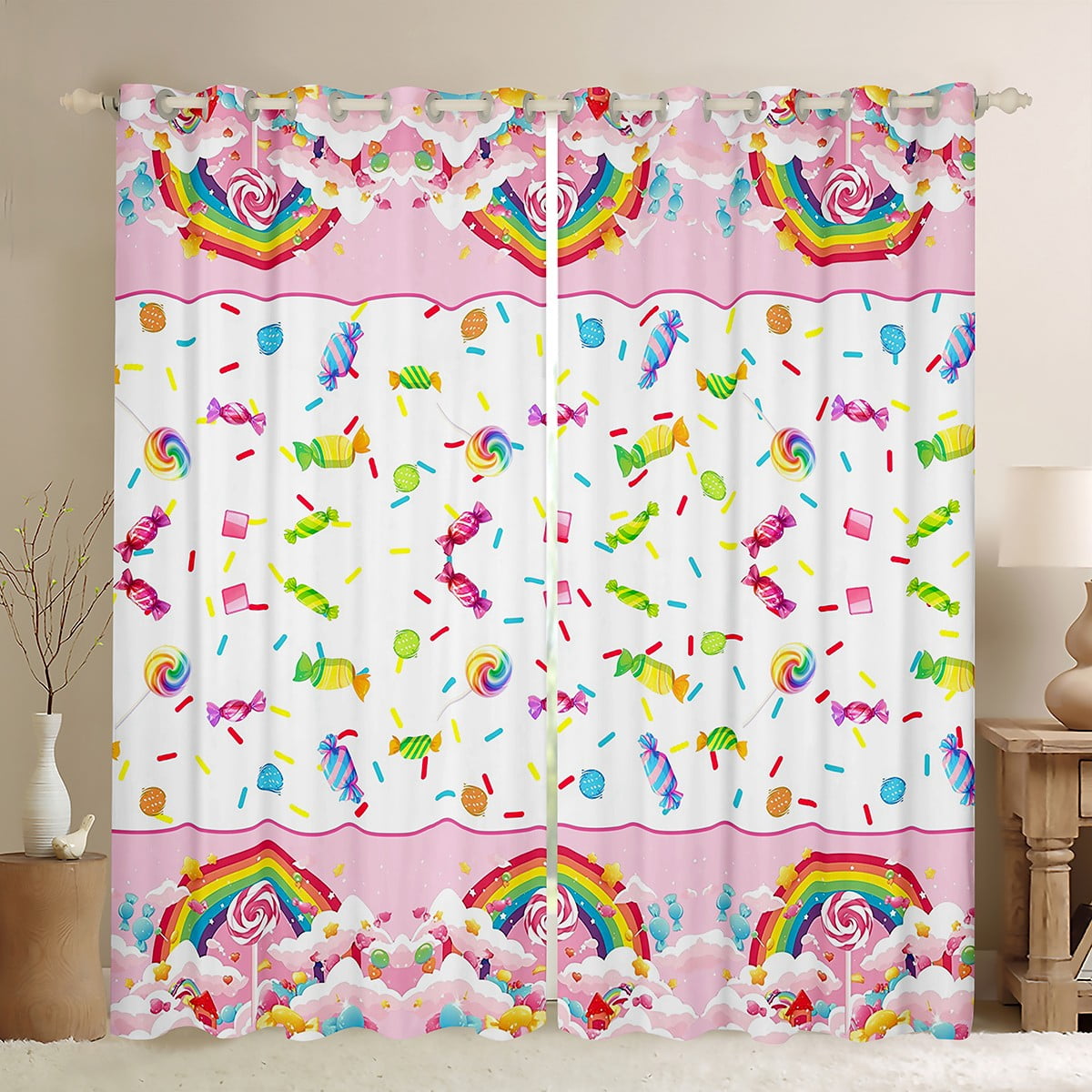 Cartoon Candy Window Curtains,Rainbow Cloud Dessert Girly Window Drapes ...