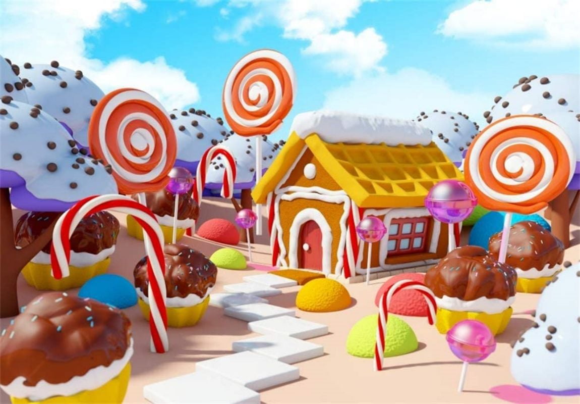 Cartoon Candyland Backdrop Colored Sweet Candy Lollipops Baby Shower ...