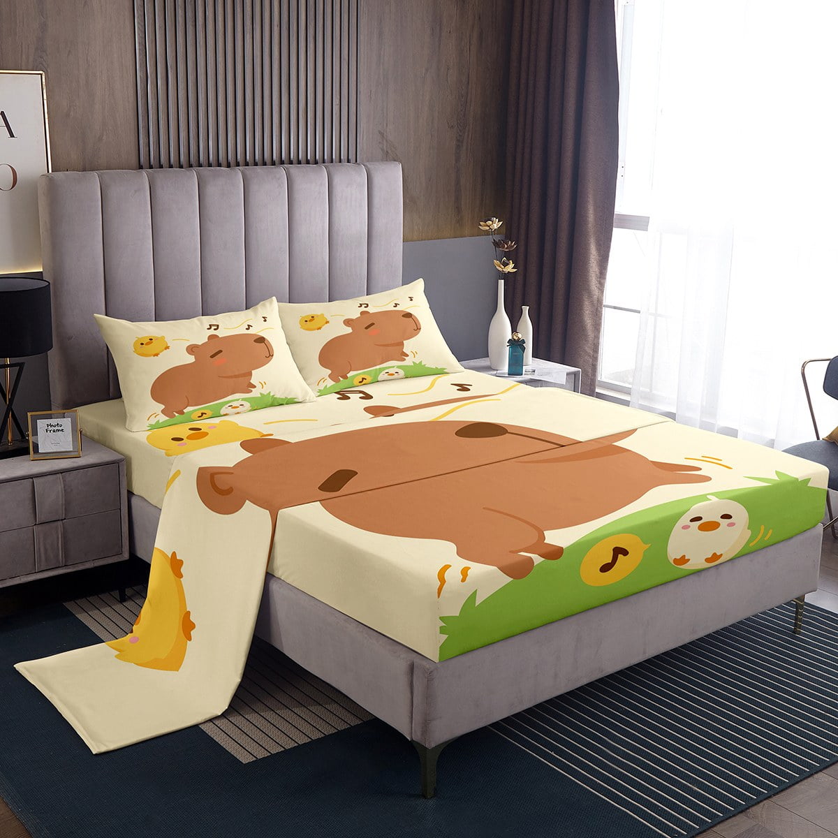 Cartoon Capybara Bed Sheets Set Twin Size, Brown Zoo Pet Animals Sheet ...