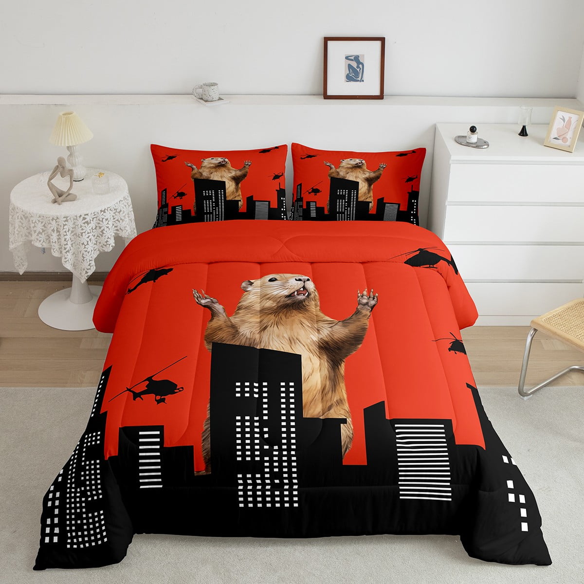 Cartoon Capybara Bedding Comforter Sets Black and Red Full Size Bedding ...