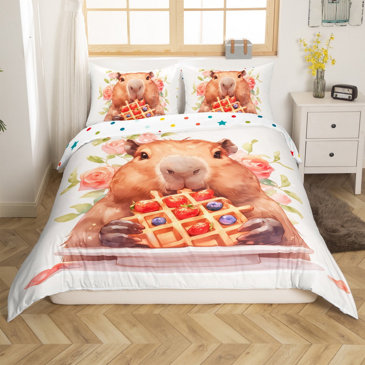 Cartoon Capybara Bedding Set Botancial Decor Flowers Comforter Cover ...