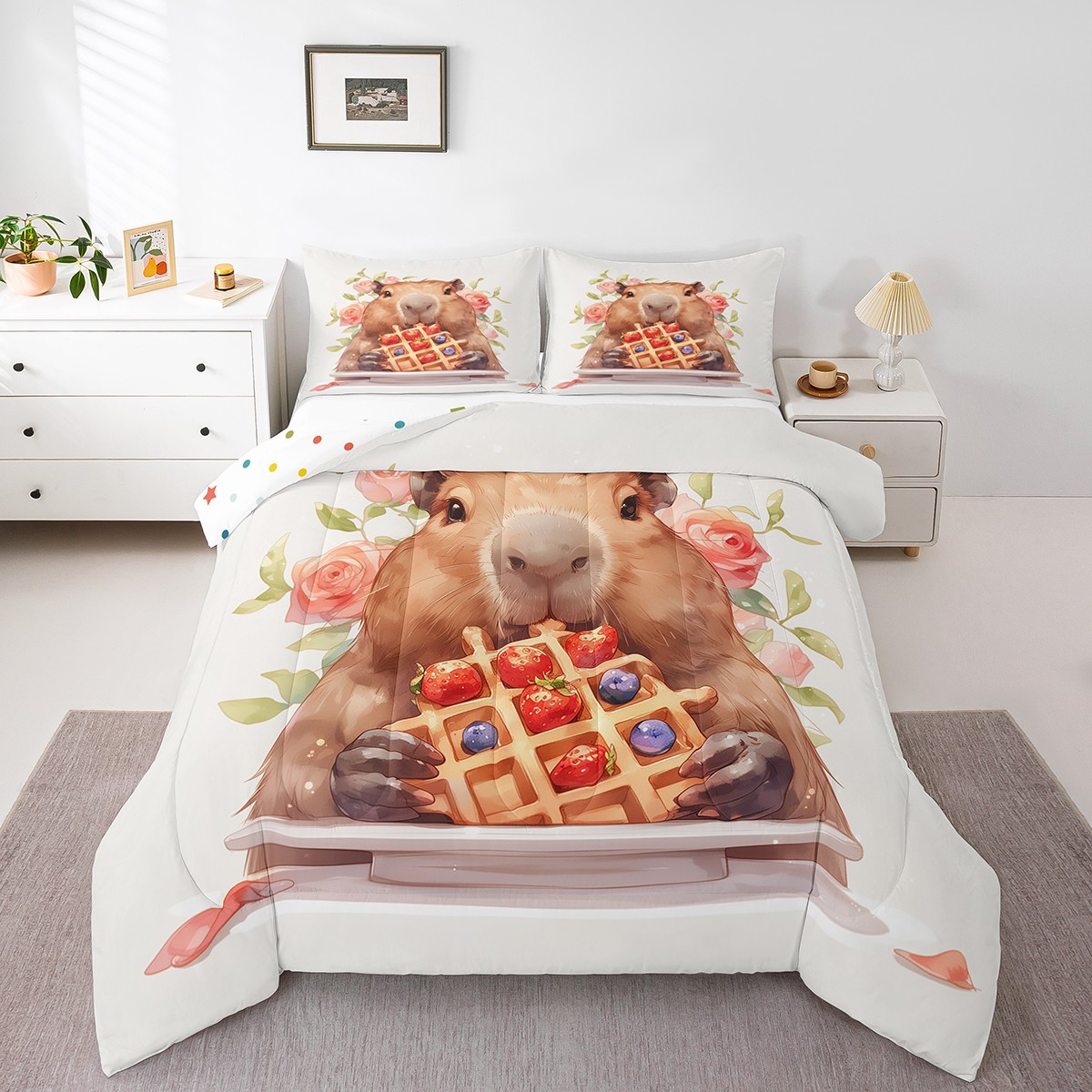 Cartoon Capybara Bedding Set Botancial Decor Flowers Comforter Sets ...
