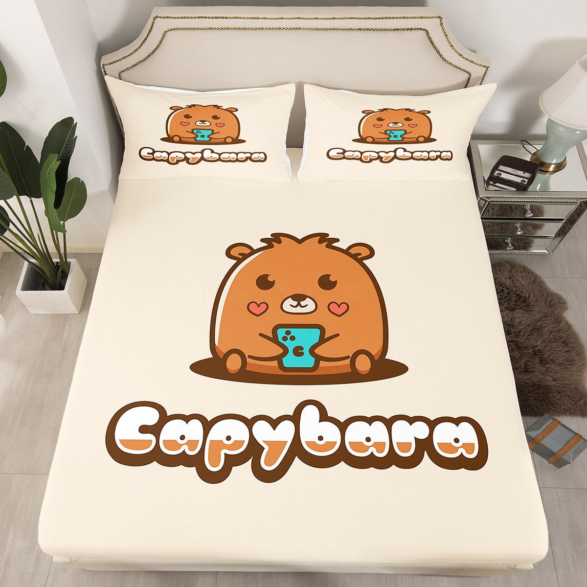 Cartoon Capybara Bedding Set Kawaii Animal Pattern Bed Sheets Full ...