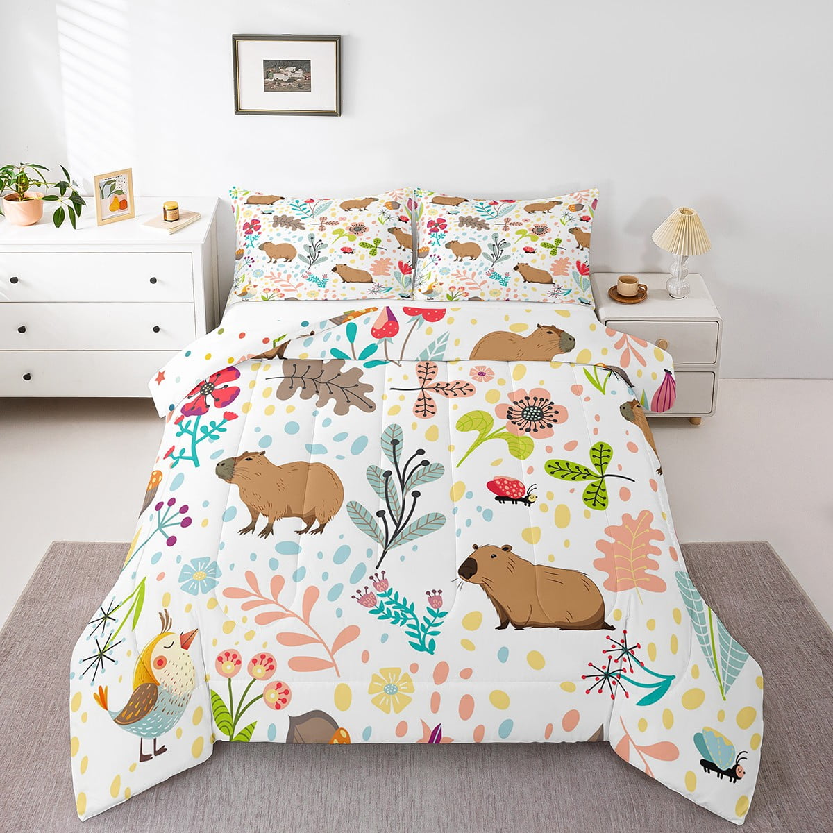 Cartoon Capybara Comforter Set Brown Capybara Bedding Set Cute Leaves ...
