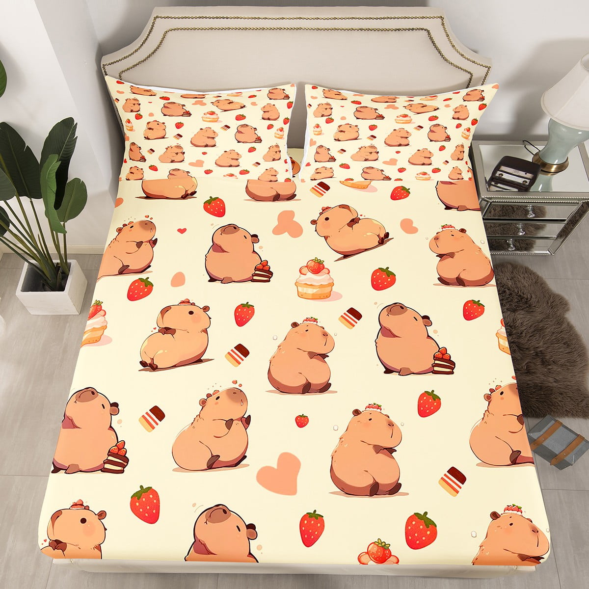 Cartoon Capybara Fitted Sheet Fruit Starryberry Theme Bed Sheets,Kawaii ...