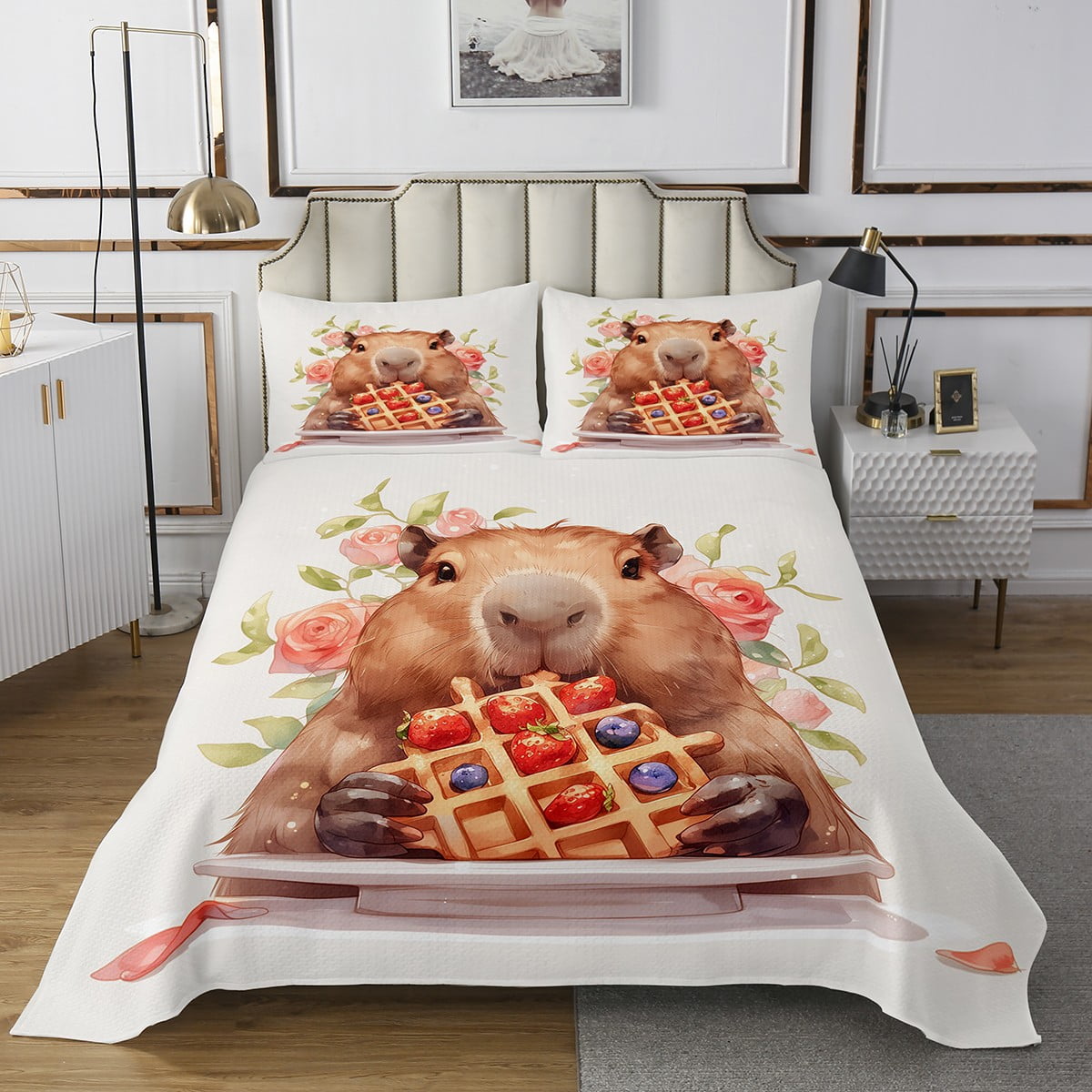 Cartoon Capybara Girls Bedspread Set Kids Botancial Decor Flowers Quilt ...