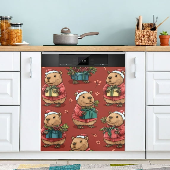 Cartoon Capybara Hold Christmas Gift Holly Leaves Dishwasher Magnet ...
